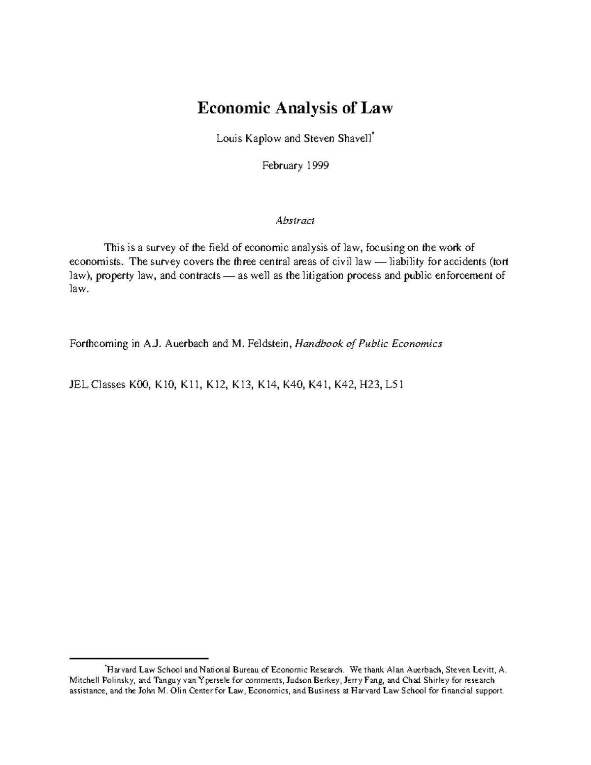 MBA Lecture-I Semester-Notes2 - Economic Analysis of Law Louis Kaplow ...