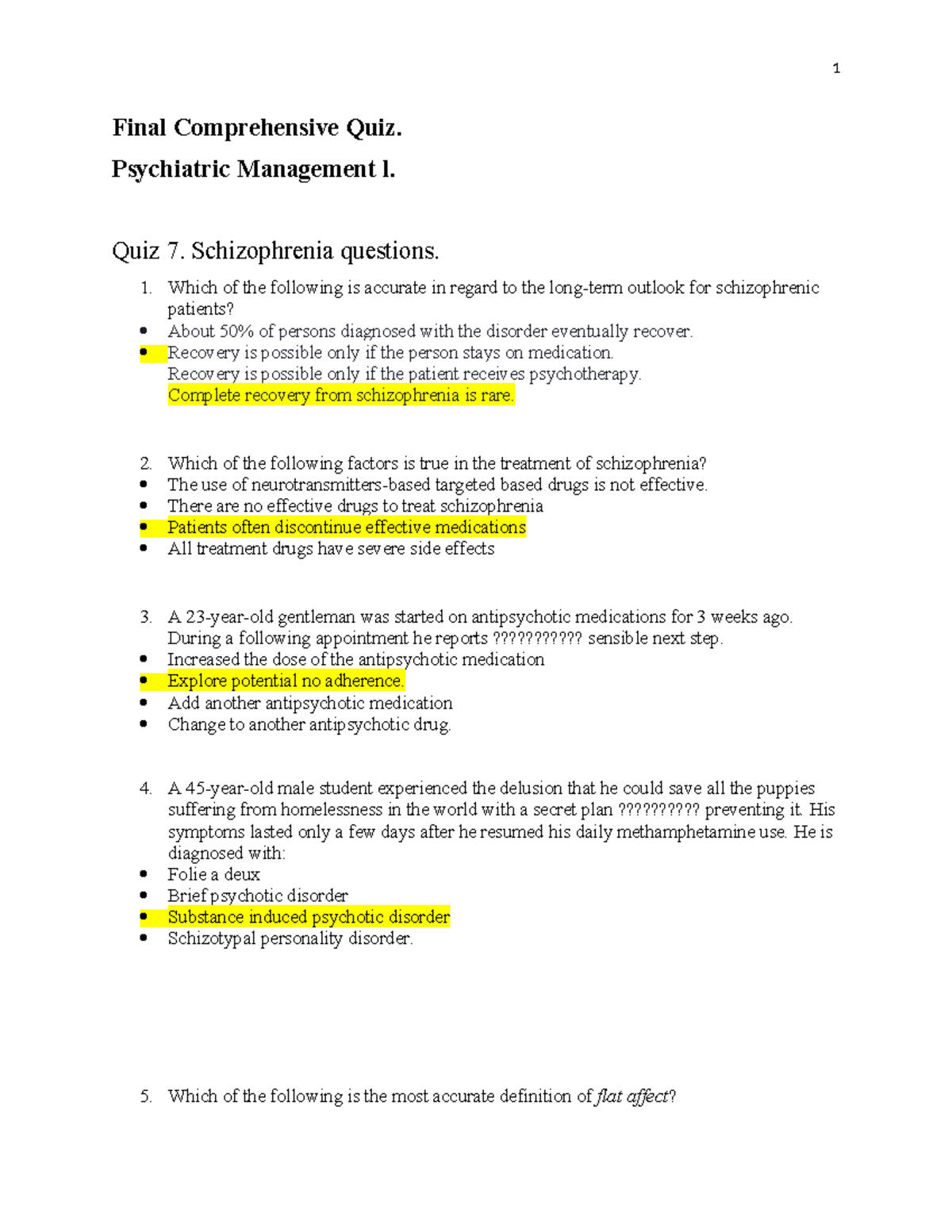 Final Comprehensive Quiz - Psychiatric Management l. Quiz 7 ...