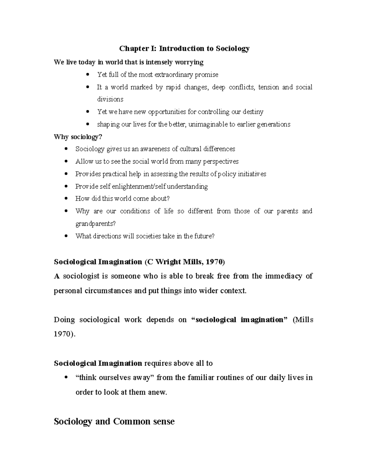 Chapter 1 - Chapter I: Introduction to Sociology We live today in world ...