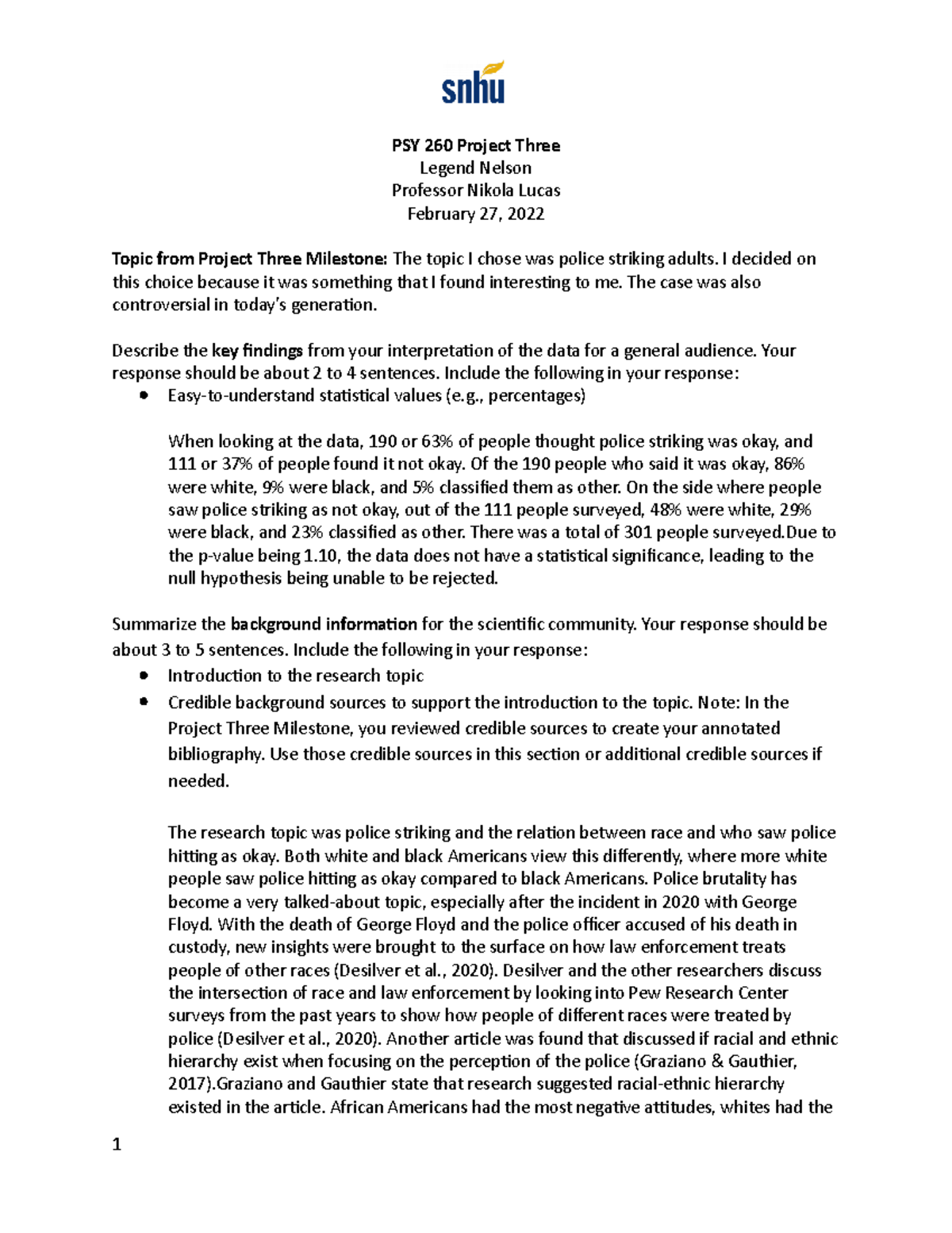 PSY260 Project Three Assignment - PSY 260 Project Three Legend Nelson Professor Nikola Lucas ...