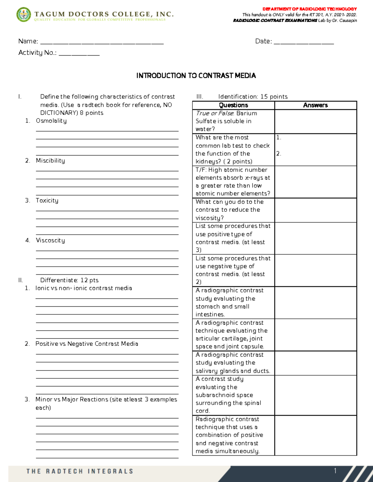 Lab 1 - Laboratory Exercise - DEPARTMENT OF RADIOLOGIC TECHNOLOGY This ...
