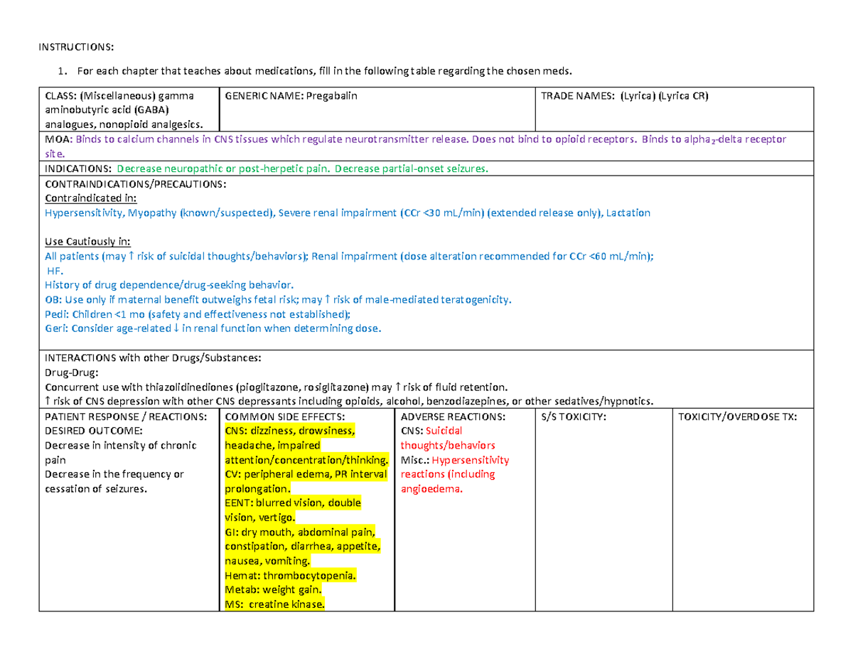 Pregabalin - INSTRUCTIONS: For each chapter that teaches about ...