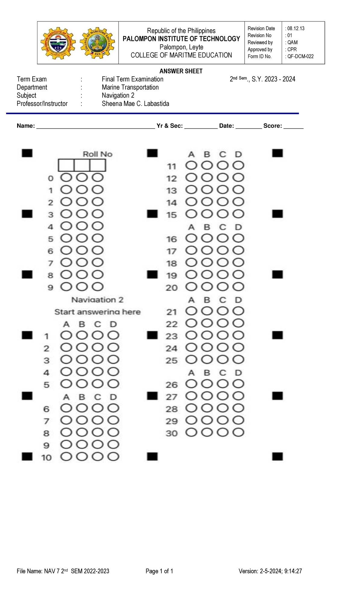 NAV 2 lecture final Answer Sheet - File Name: NAV 7 2nd SEM 2022-2023 ...