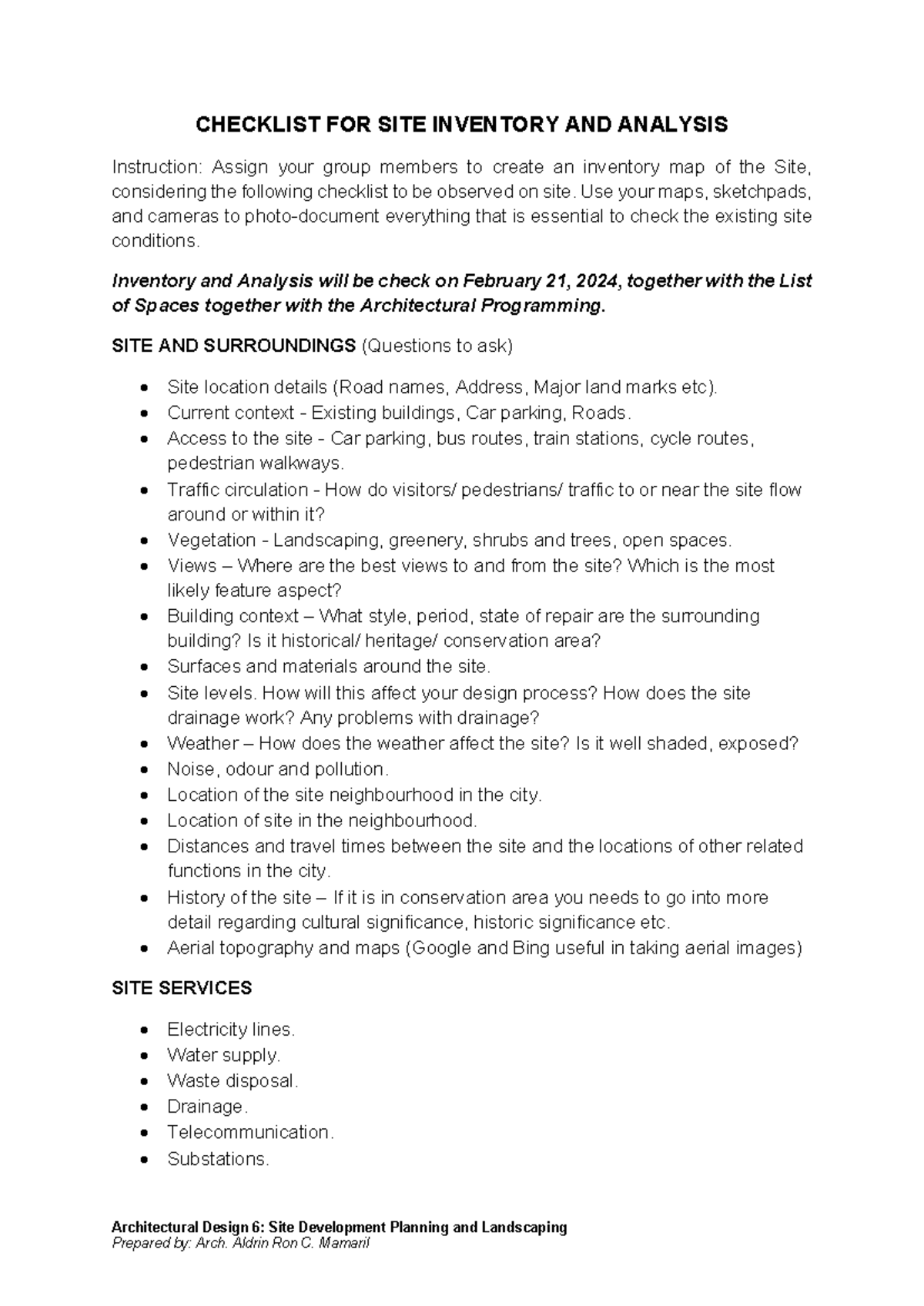 SITE Inventory AND Analysis Checklist - Architectural Design 6: Site ...