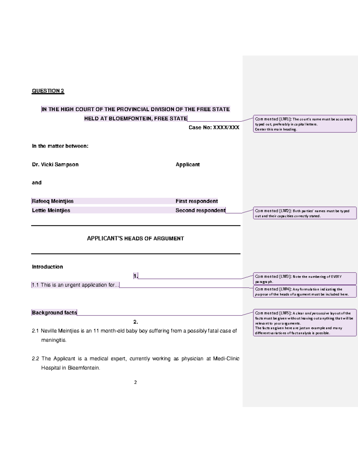 Example - Heads of Argument - QUESTION 2 IN THE HIGH COURT OF THE ...