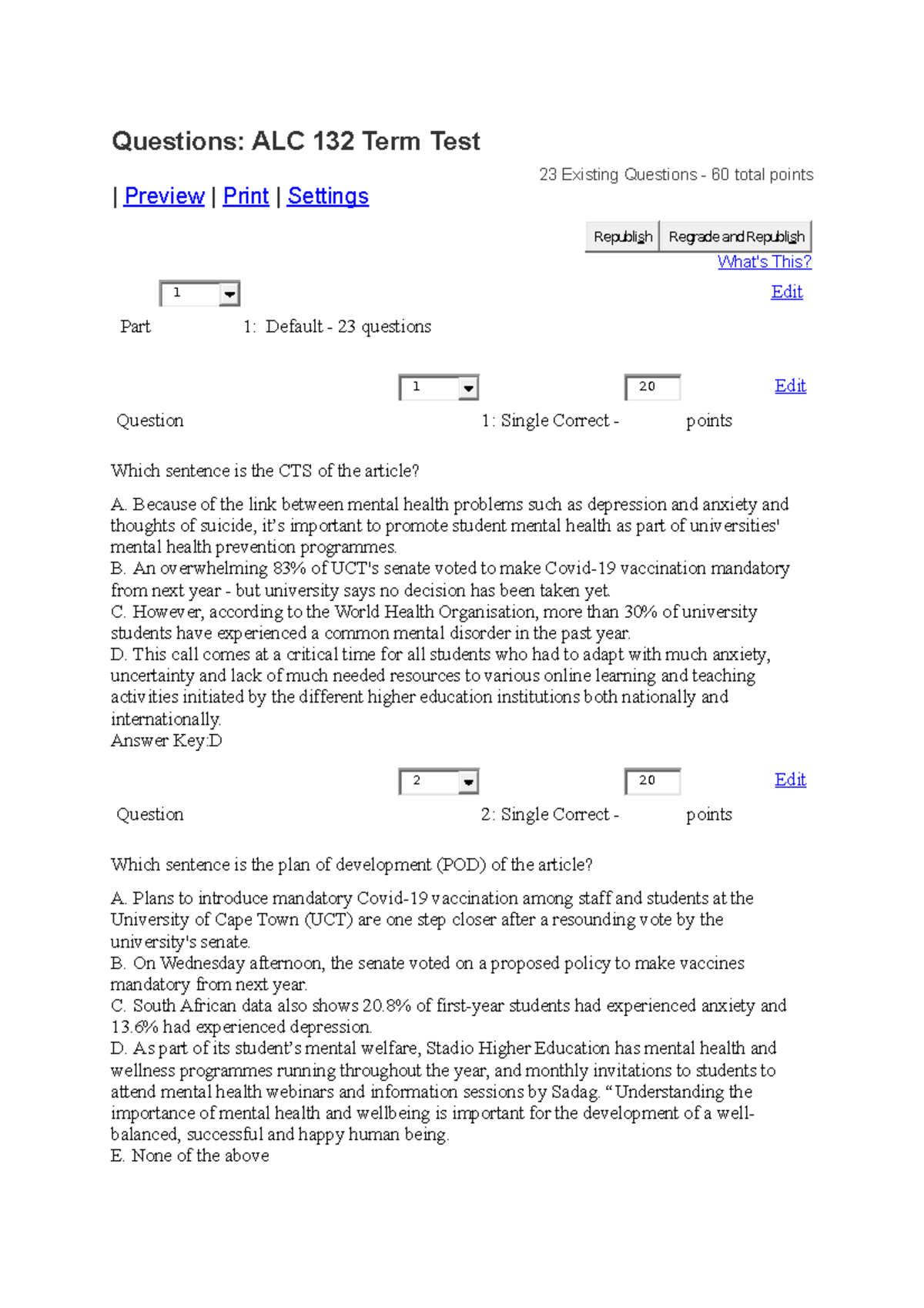 Example of questions asked in a previous term test - Questions: ALC 132 ...