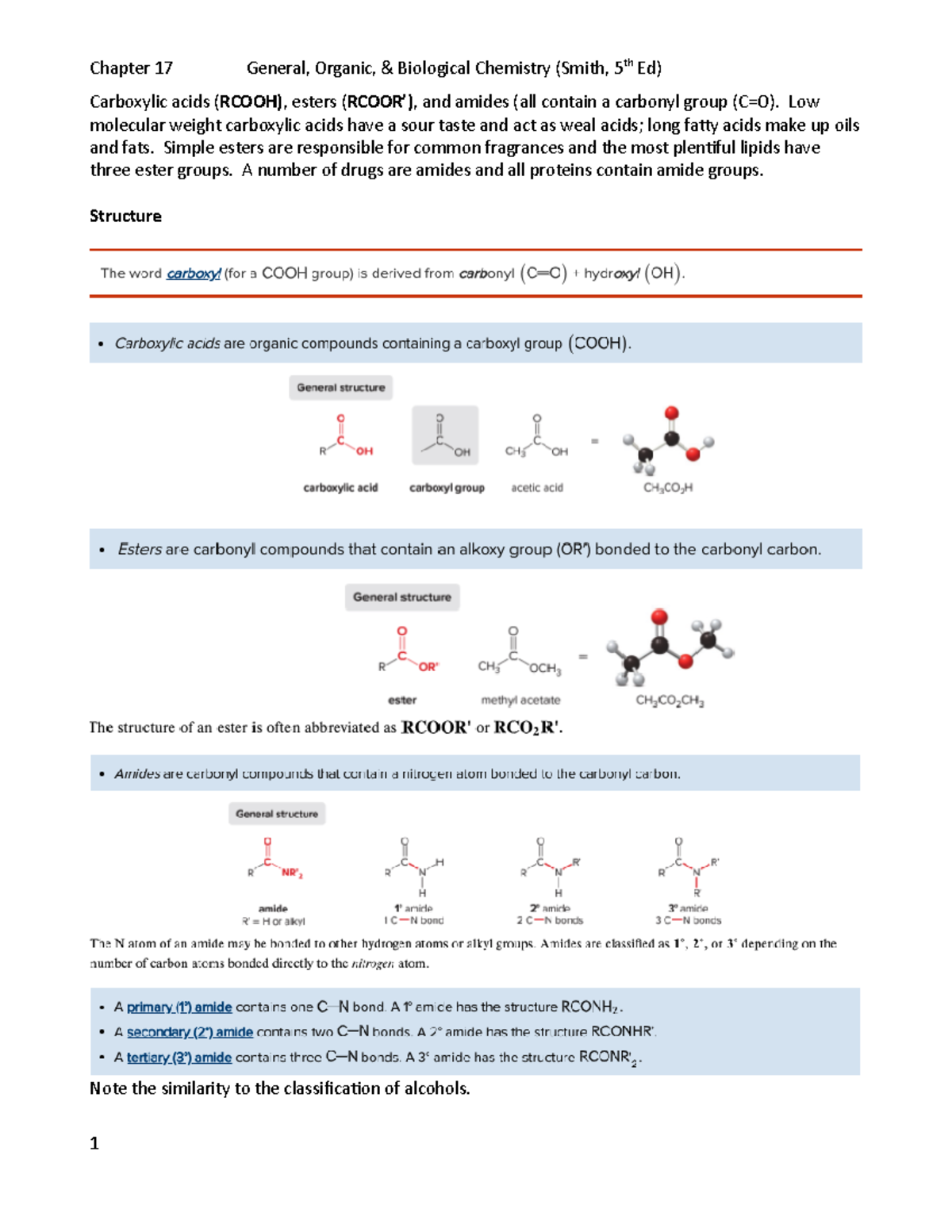 Smith Chapter 17 - Martha - Carboxylic acids (RCOOH), esters (RCOOR ...