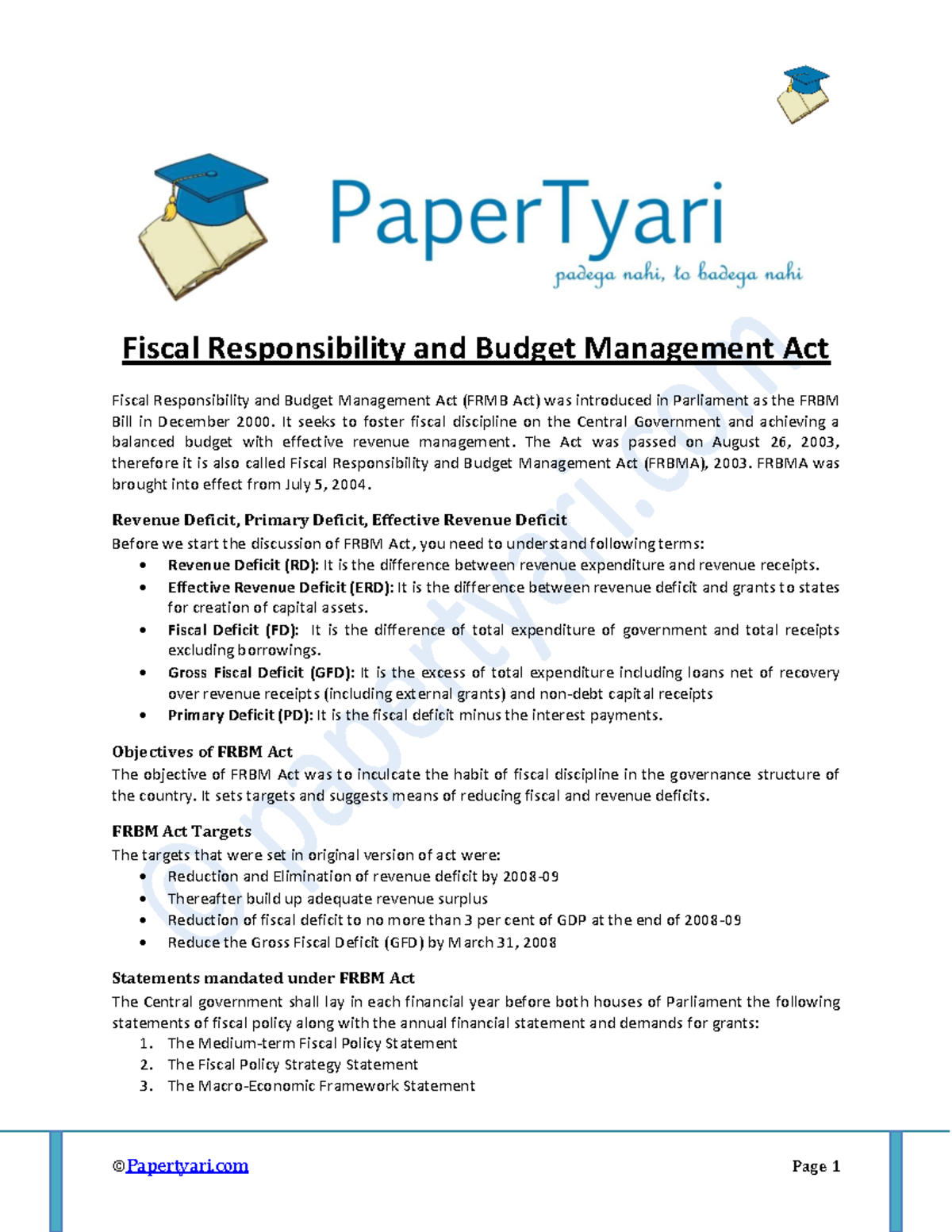 FRBM Act - Papertyari - Ehehrjrrvb. Rhr rrur r - ©Papertyari Page 1 Fiscal Responsibility and ...