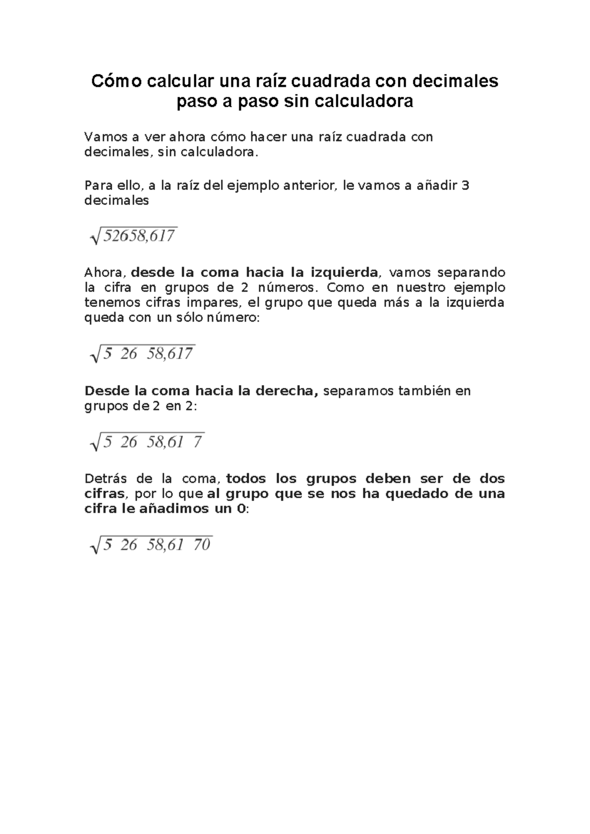 Cómo calcular una raíz cuadrada con decimales paso a paso sin calculadora - Cómo calcular una ...