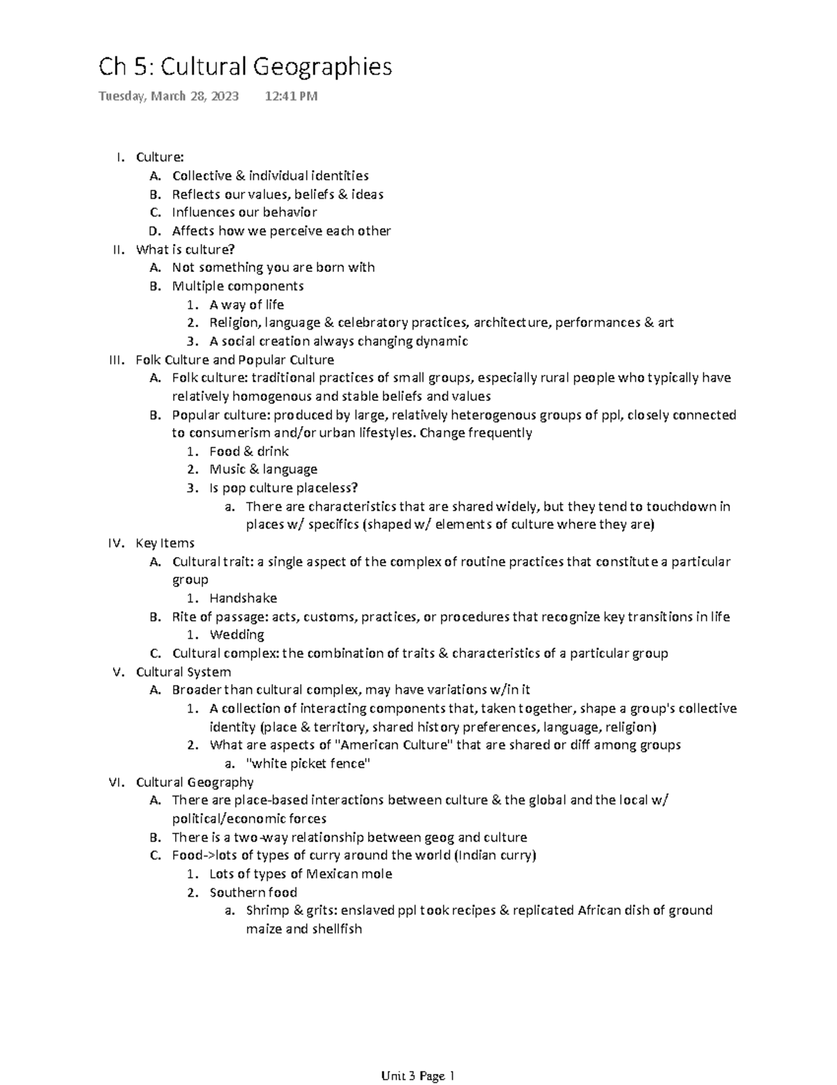 Ch 5 Cultural Geographies Notes - Culture: A. Collective & individual ...