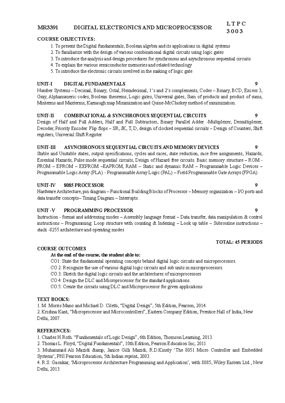 MR3391 DIGITAL ELECTRONICS AND MICROPROCESSOR - UNIT-II COMBINATIONAL & SYNCHRONOUS SEQUENTIAL ...