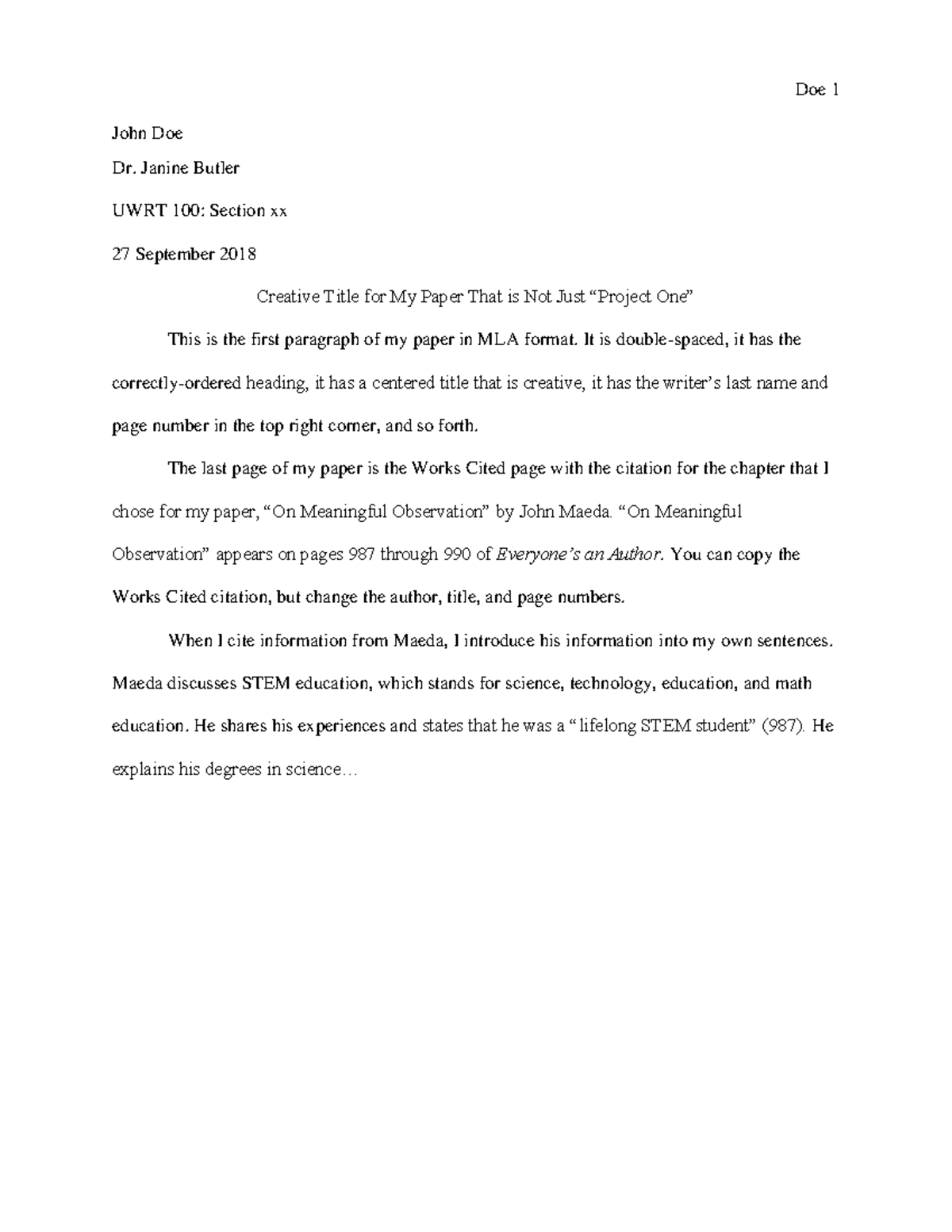 Project One MLA Format Structure - Doe 1 John Doe Dr. Janine Butler ...