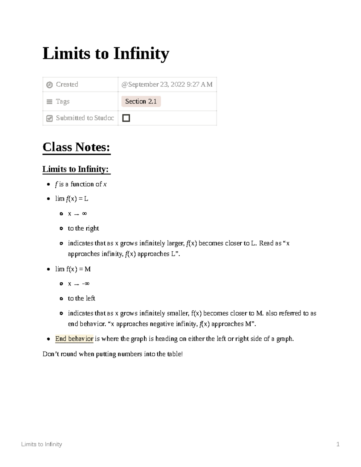 Limits to Infinity - Submitted to Studoc Class Notes: Limits to ...