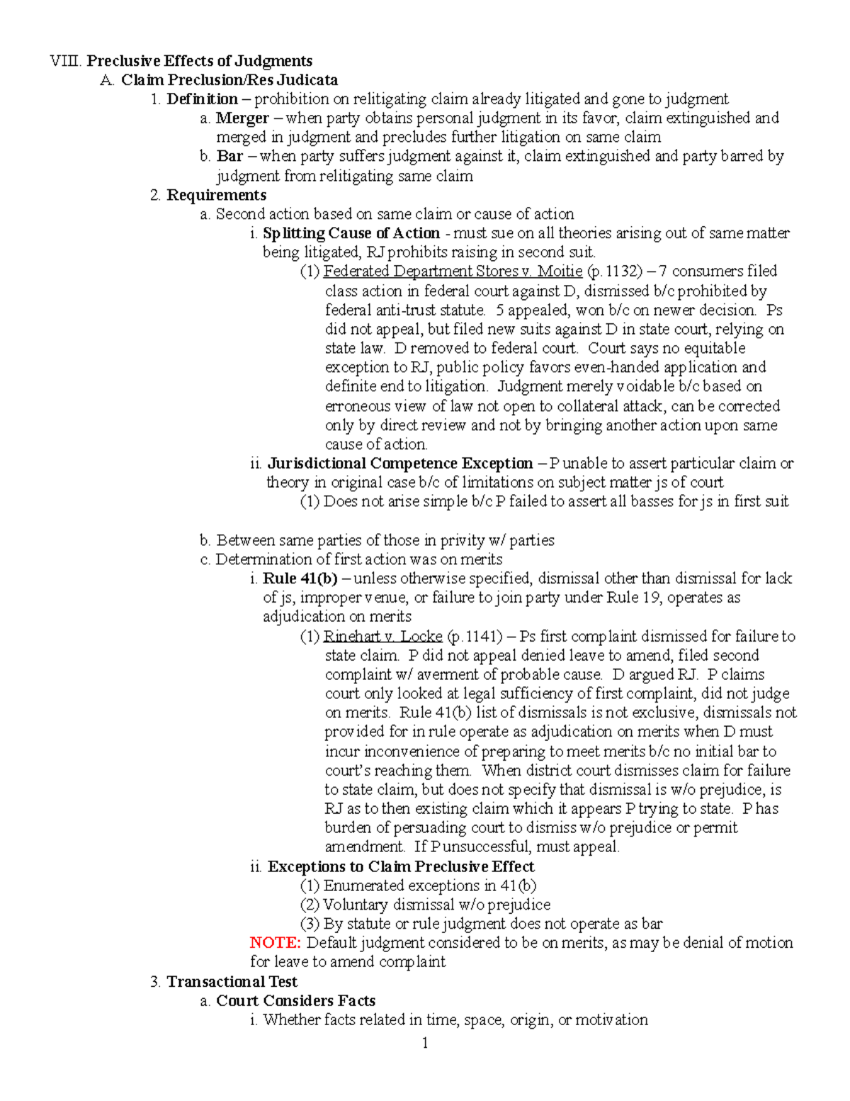 Civil Procedure Law Outline - 3 - VIII. Preclusive Effects of Judgments ...