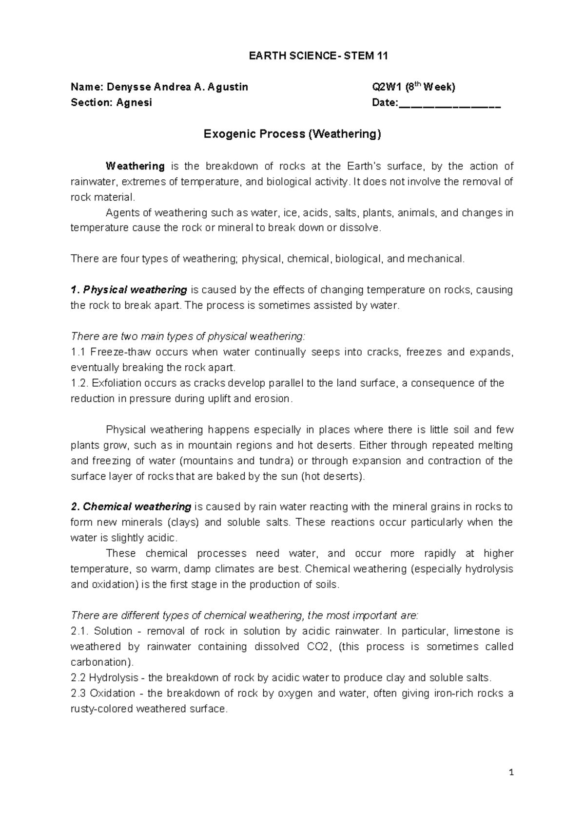 Earthsci Q2W1 Agustindenysseandrea Agnesi - EARTH SCIENCE- STEM 11 Name ...