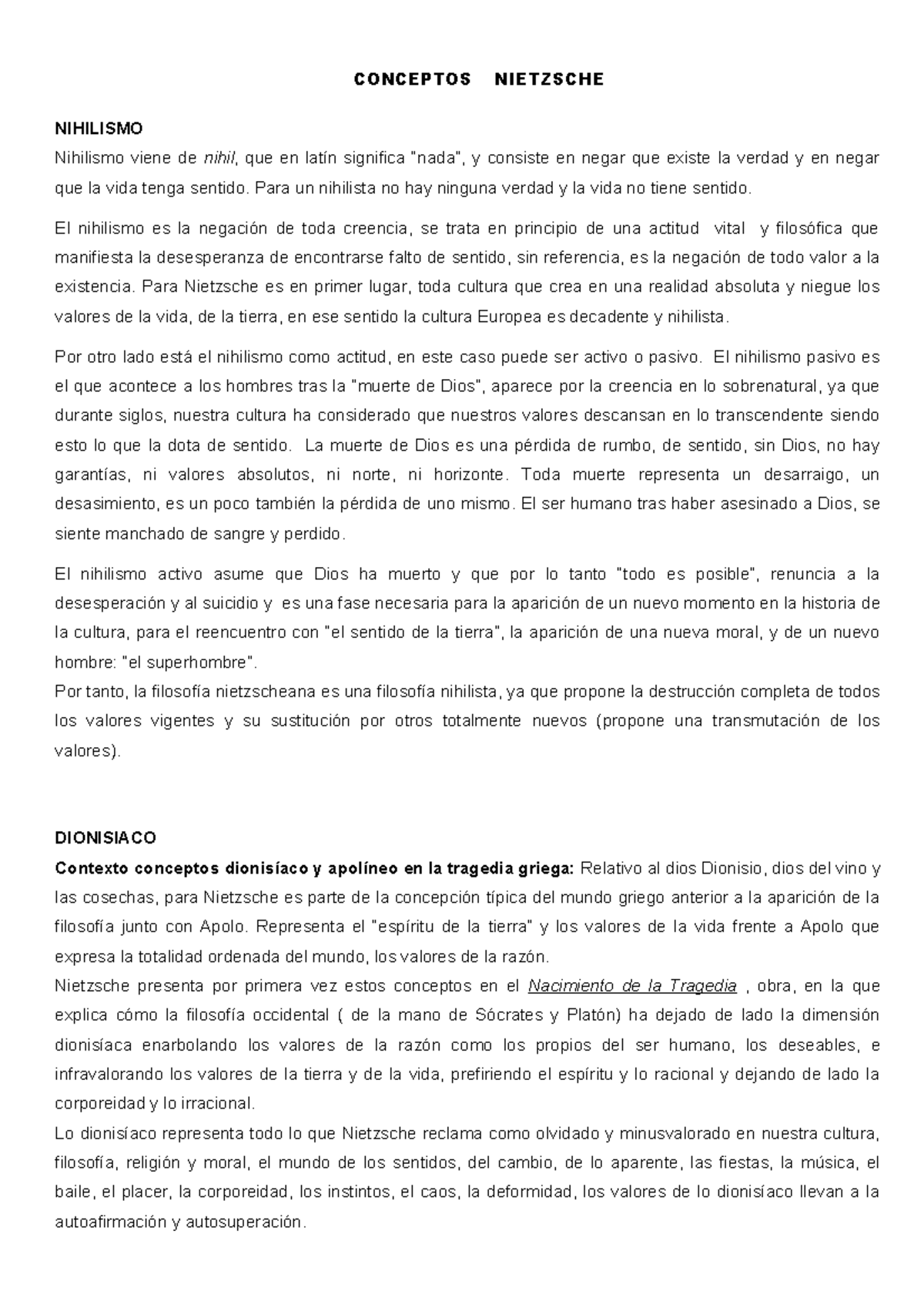 Conceptos Nietzsche - CONCEPTOS NIETZSCHE NIHILISMO Nihilismo viene de nihil, que en latín ...