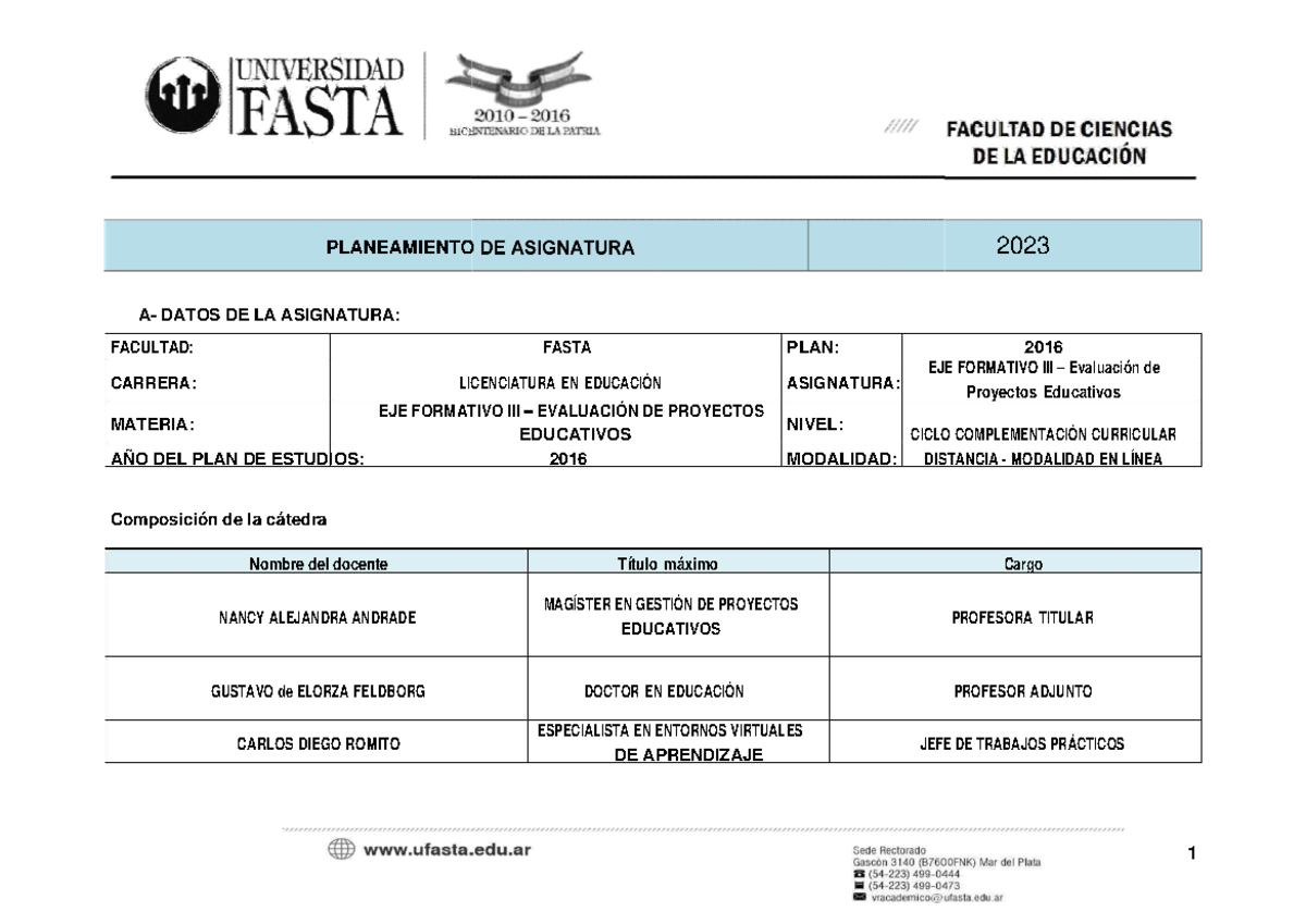 2023 - Eje 3 - Planeamiento de Cátedra - FHM - 504 - FACULTAD: FASTA ...