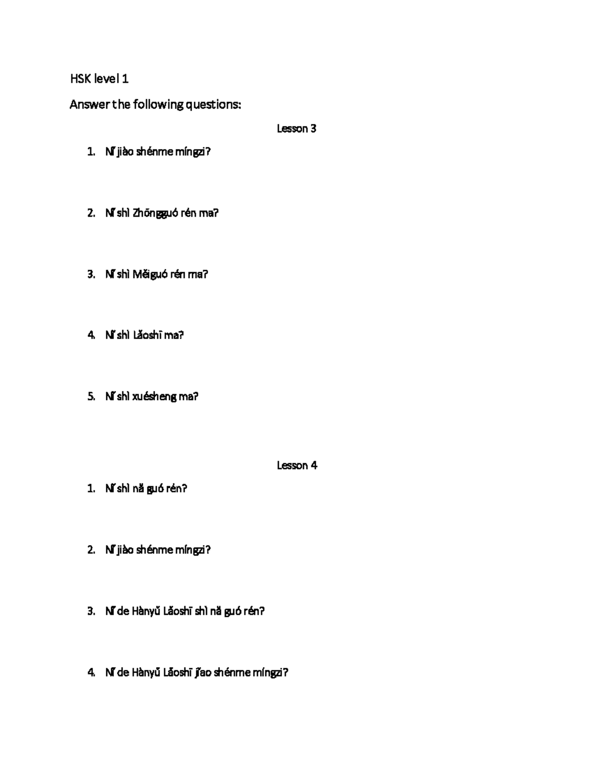 HSK level 1 Question final - HSK level 1 Answer the following questions ...