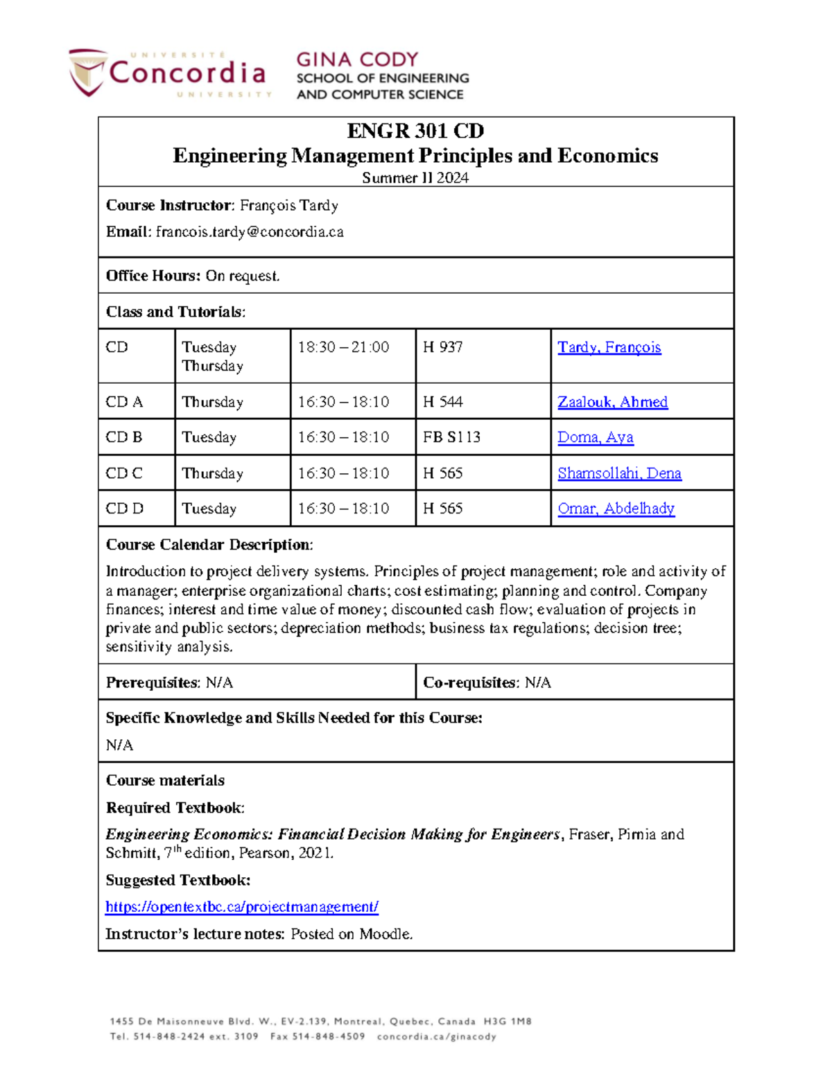 Engr301 Cd 24s2 Outline Engr 301 Cd Engineering Management Principles And Economics Summer 