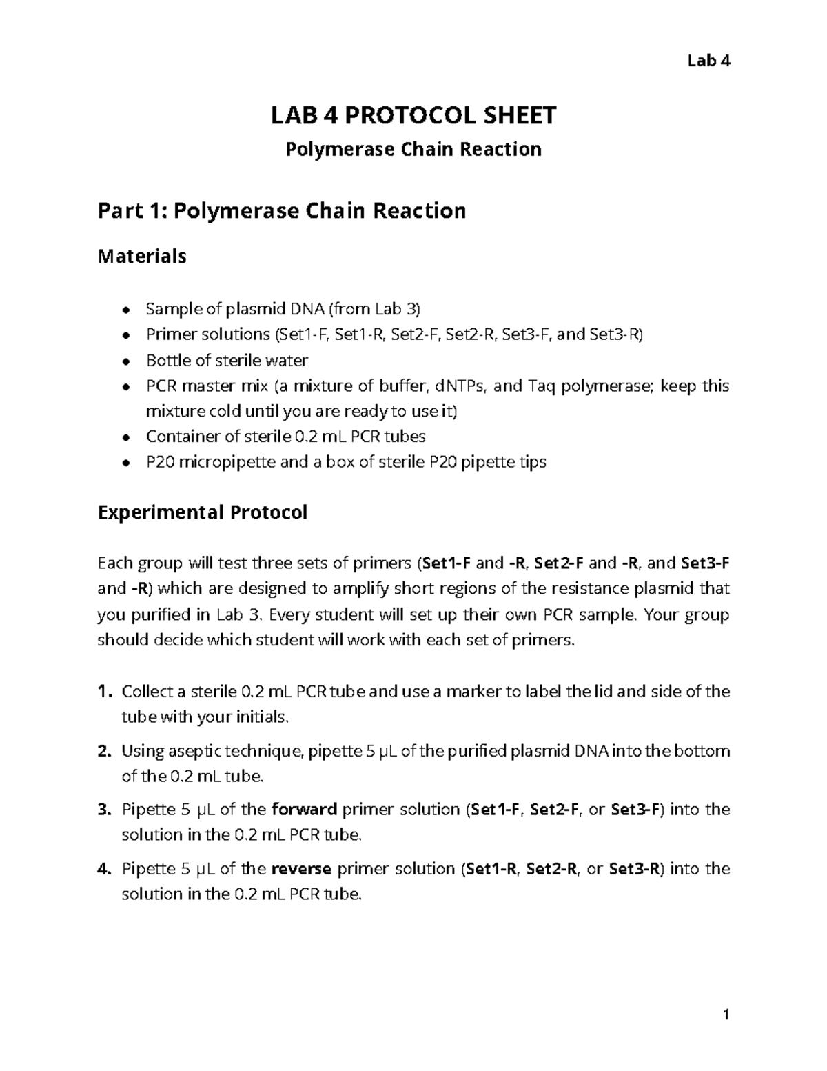 MICR 290 - F24 - Lab 4 Protocol Sheet - LAB 4 PROTOCOL SHEET Polymerase ...