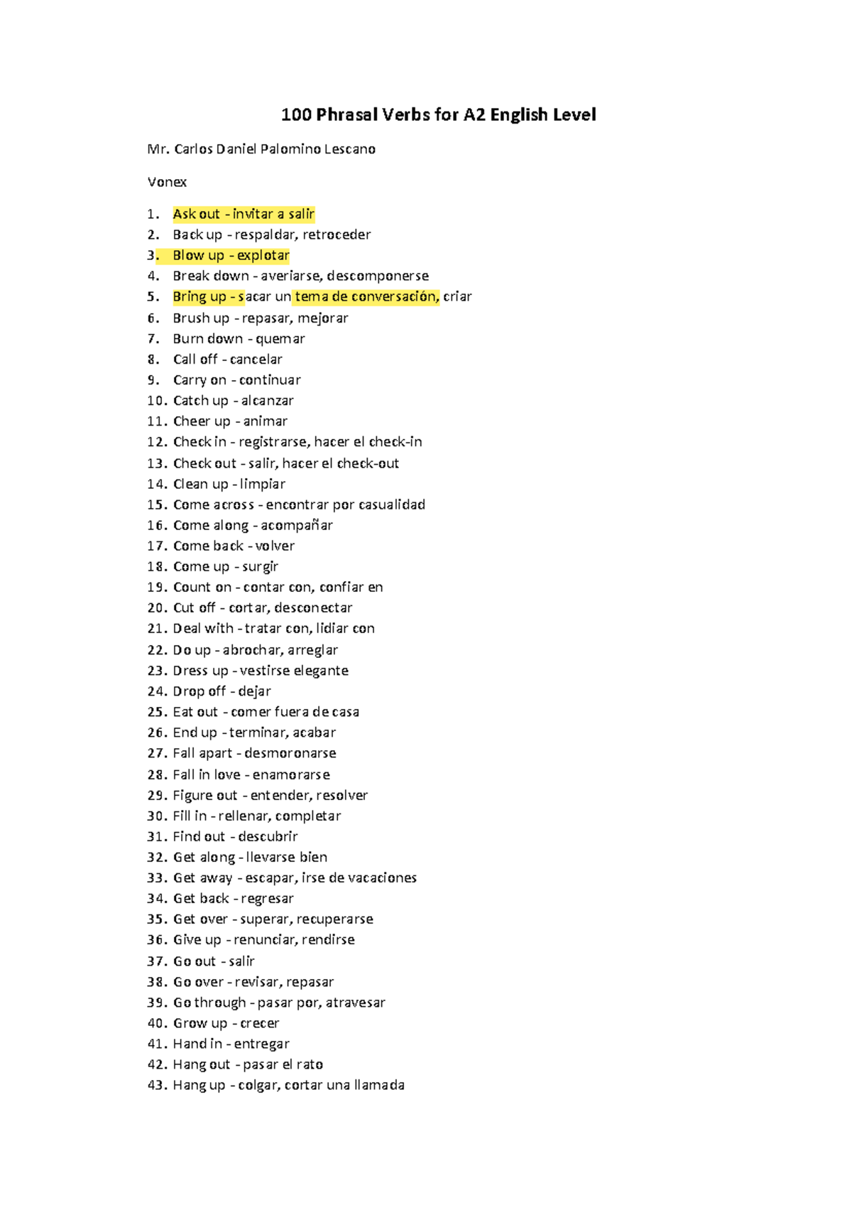 100 Phrasal Verbs for A2 English level - Carlos Daniel Palomino Lescano ...