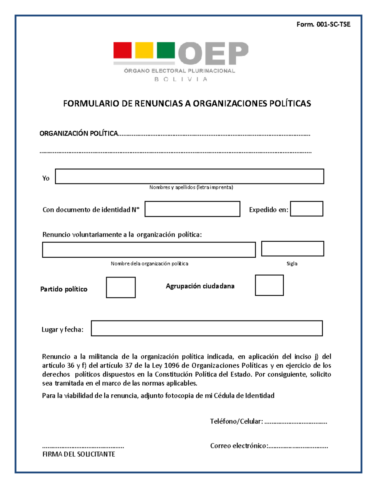 FORM Renuncia Militancia OOPP - Form. 001‐SC‐TSE FORMULARIO DE ...