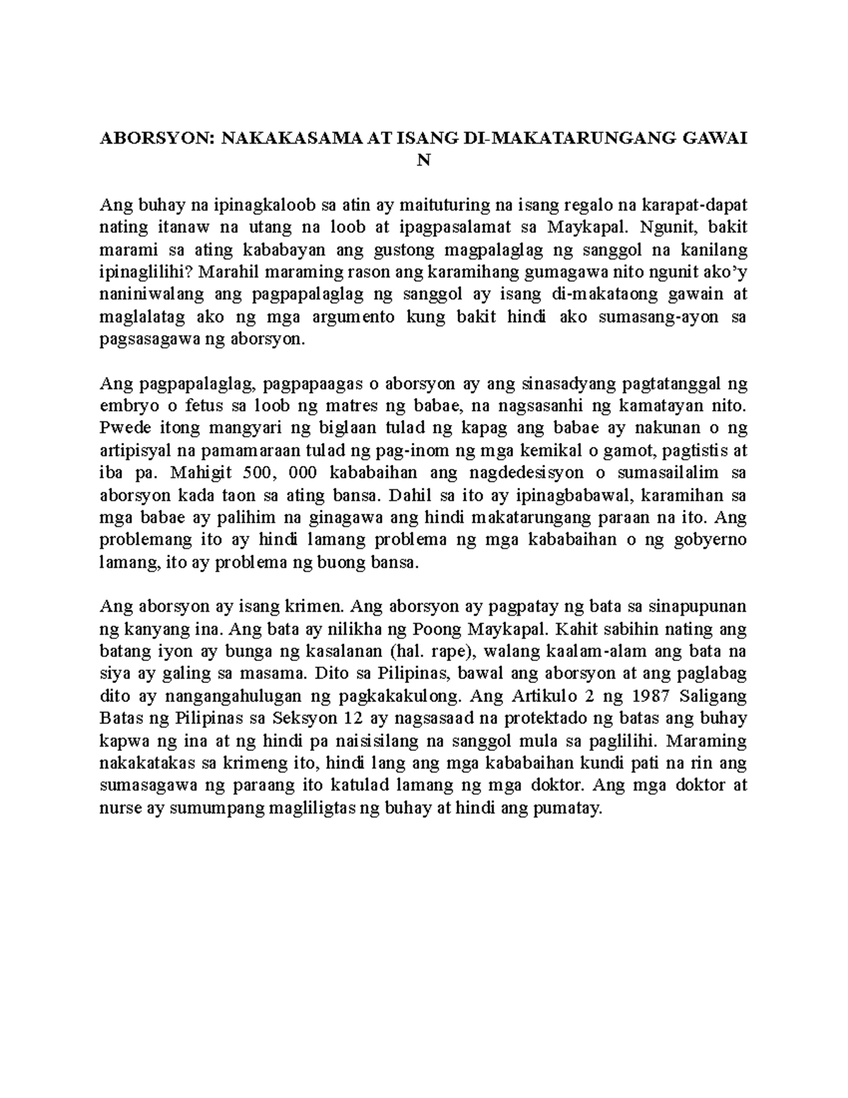 Aborsyon Na Essay Tagalog Para Sa Kabataan ABORSYON NAKAKASAMA AT