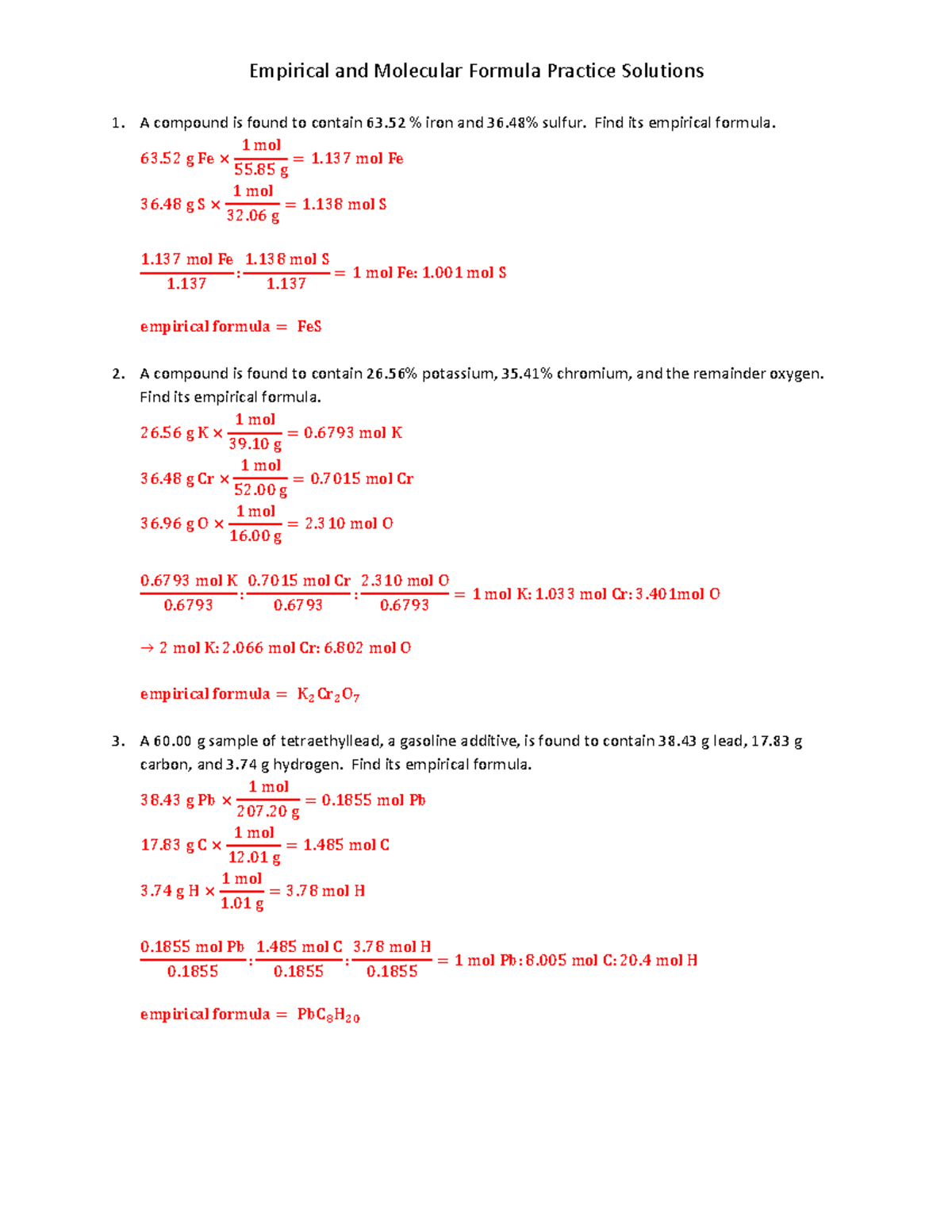 Empirical and Molecular Formula WS Solutions - Empirical and Molecular ...