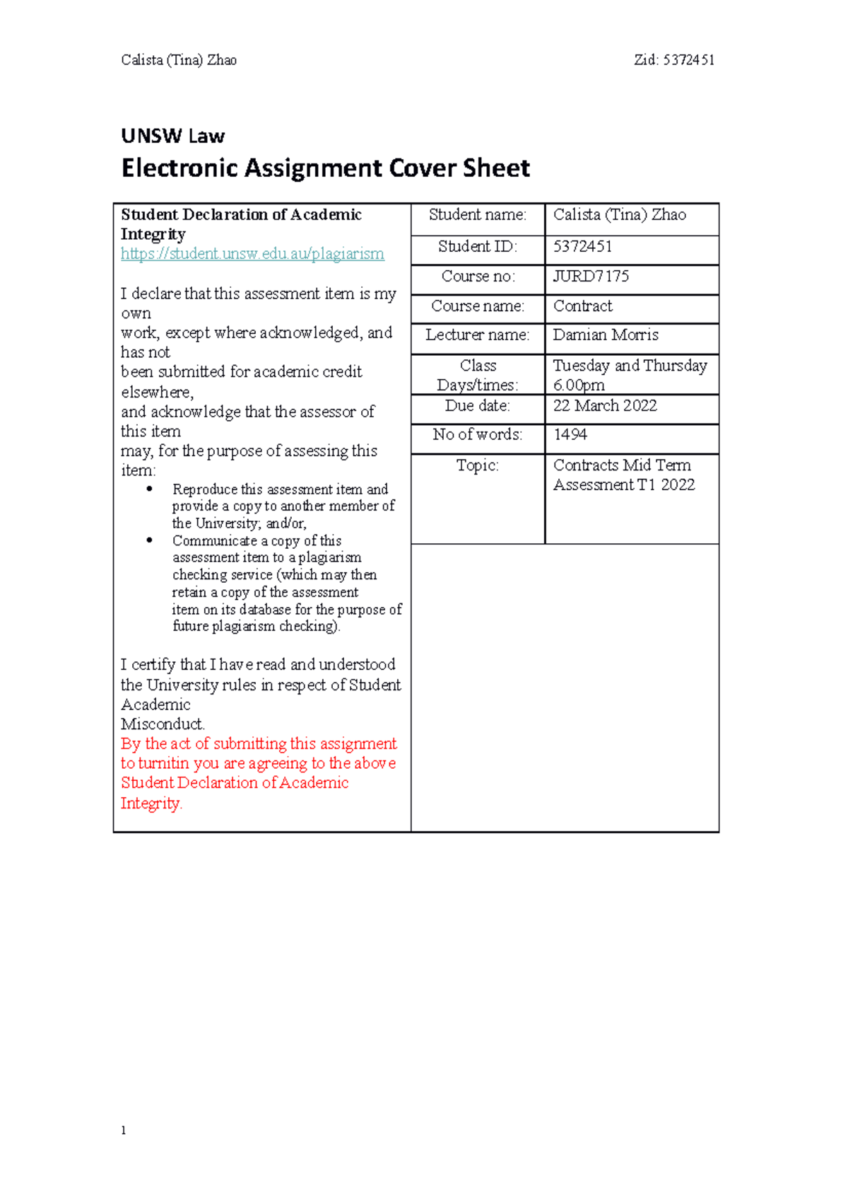 Contracts Mid Term Asessment T1 2022 - UNSW Law Electronic Assignment ...