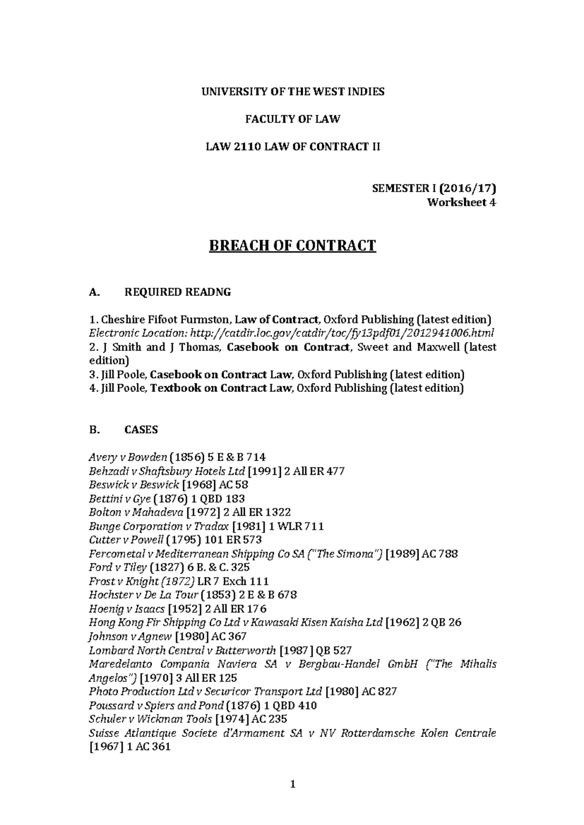 Contract II WS 4 (2016-7) - UNIVERSITY OF THE WEST INDIES FACULTY OF ...