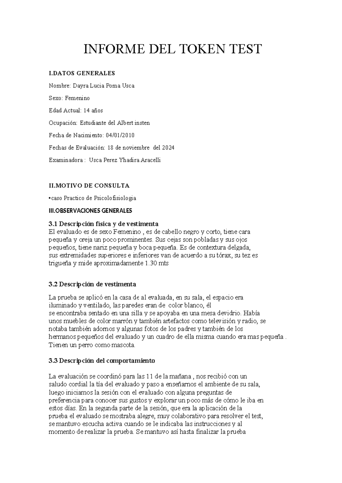 Informe DEL Token TEST Individual - INFORME DEL TOKEN TEST I GENERALES ...