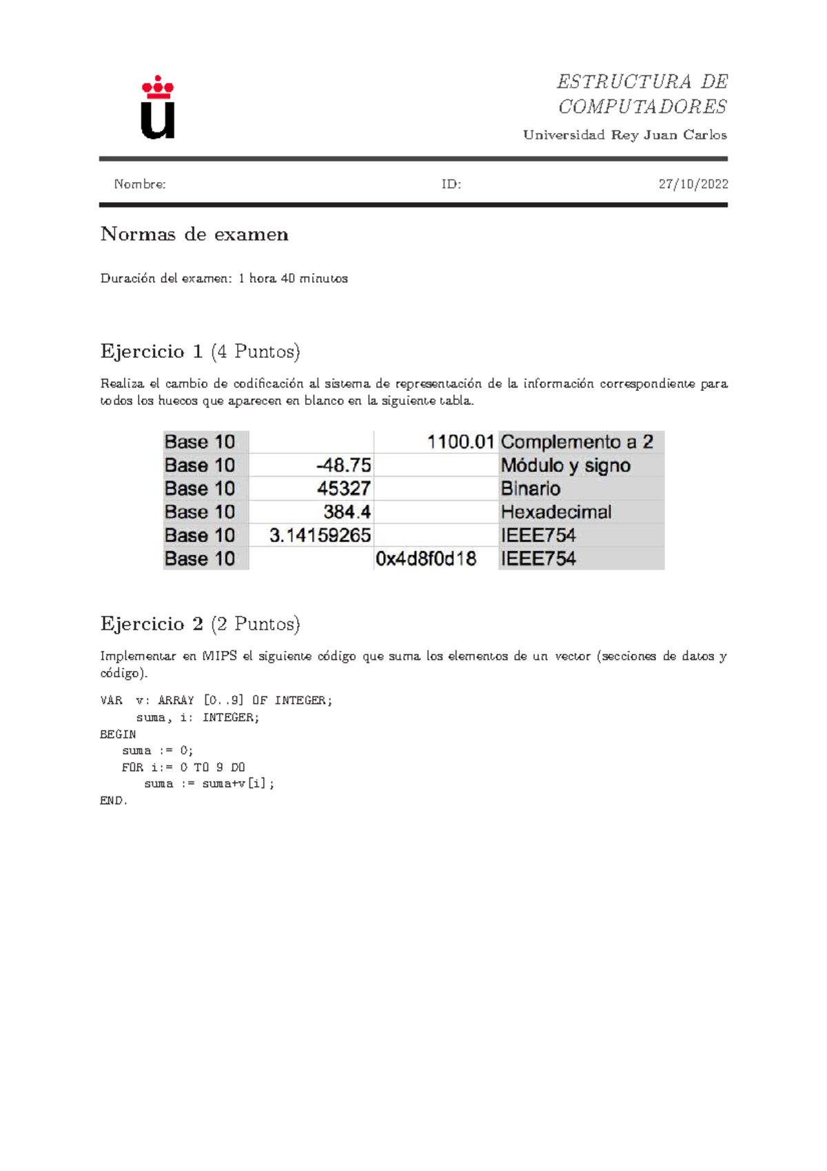 Exam Oct22 - examen octubre 2022 - ESTRUCTURA DE COMPUTADORES ...