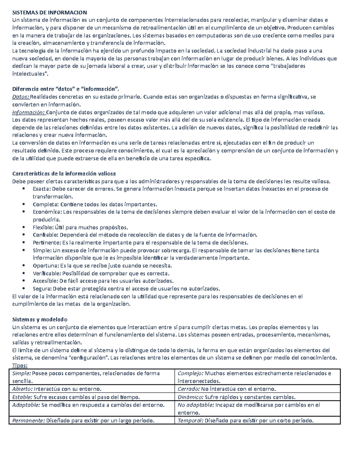 Sistemas de informacion primer parcial - SISTEMAS DE INFORMACION Un sistema de es un conjunto de ...