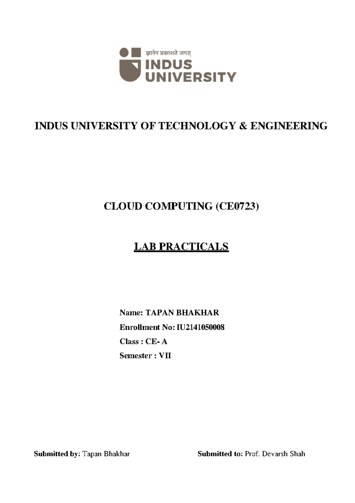 Tpn cloud - prctice code for cc - INDUS UNIVERSITY OF TECHNOLOGY & ENGINEERING CLOUD COMPUTING ...