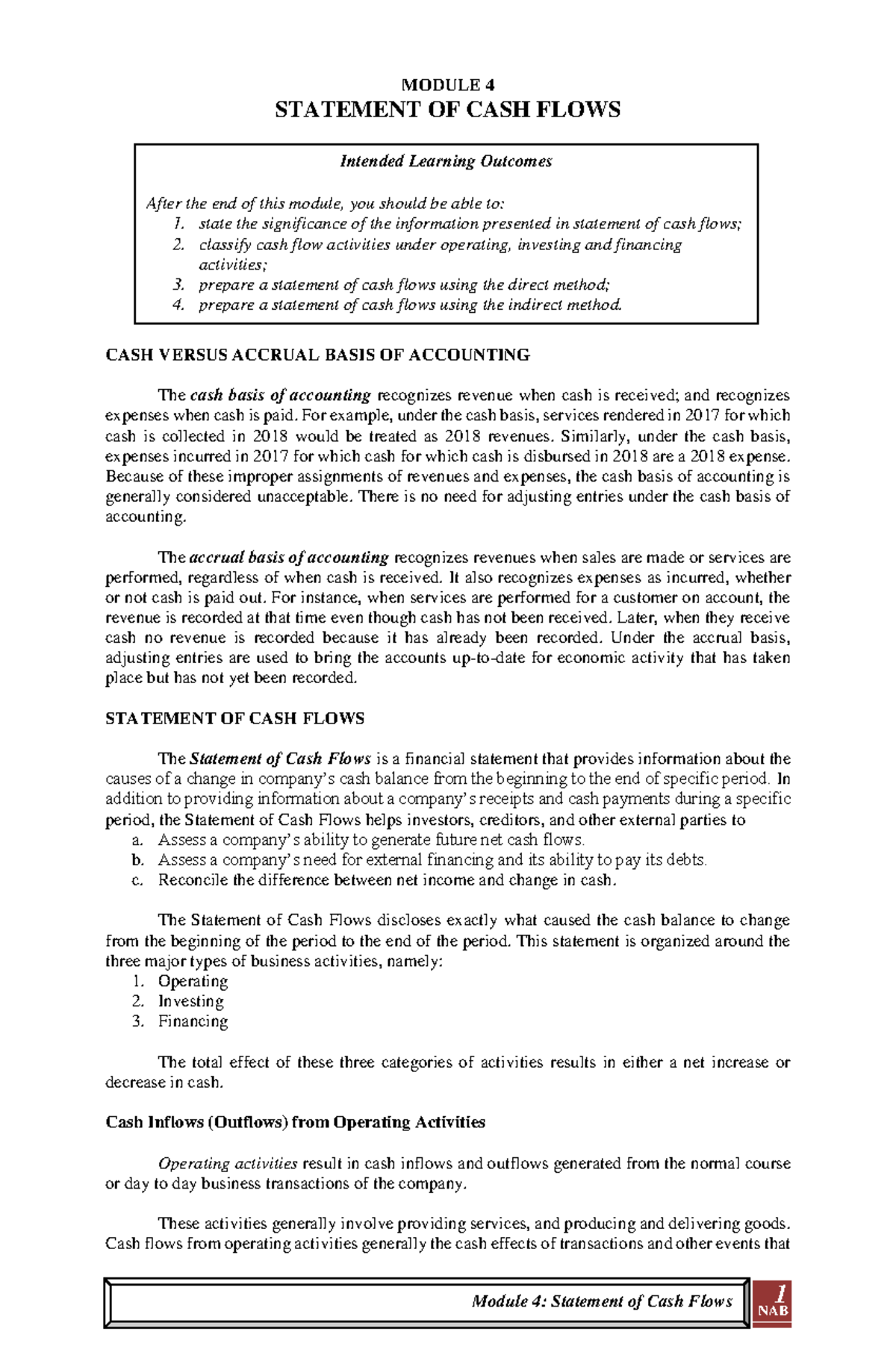 Module 4 Statement of Cash Flows - Module 4: Statement of Cash Flows 1 ...