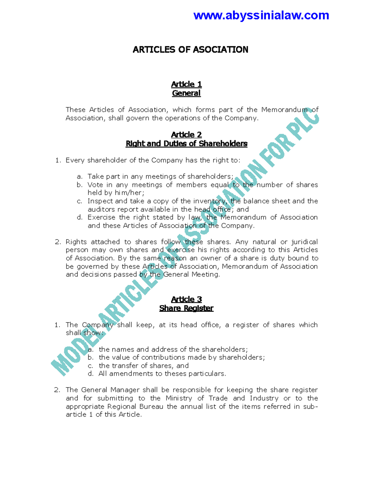 Article of Asociation Private Limited Company - ARTICLES OF ASOCIATION ...