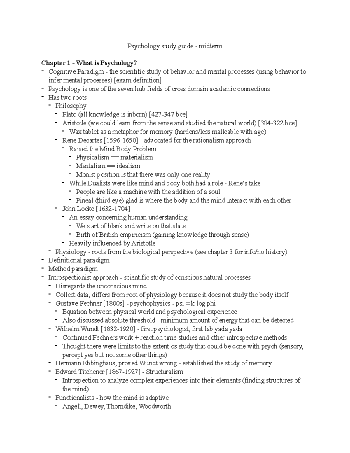 Psych study guide midterm - Psychology study guide - midterm Chapter 1 ...