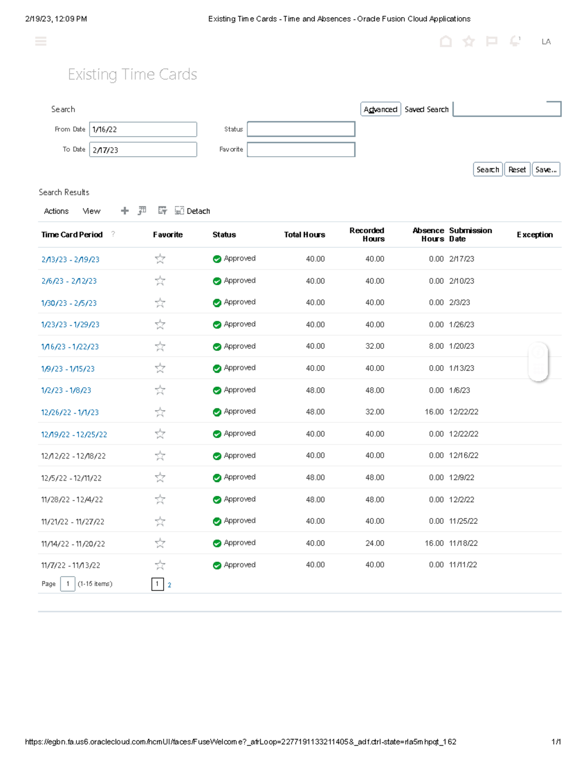 Existing Time Cards - Time and Absences - Oracle Fusion Cloud ...