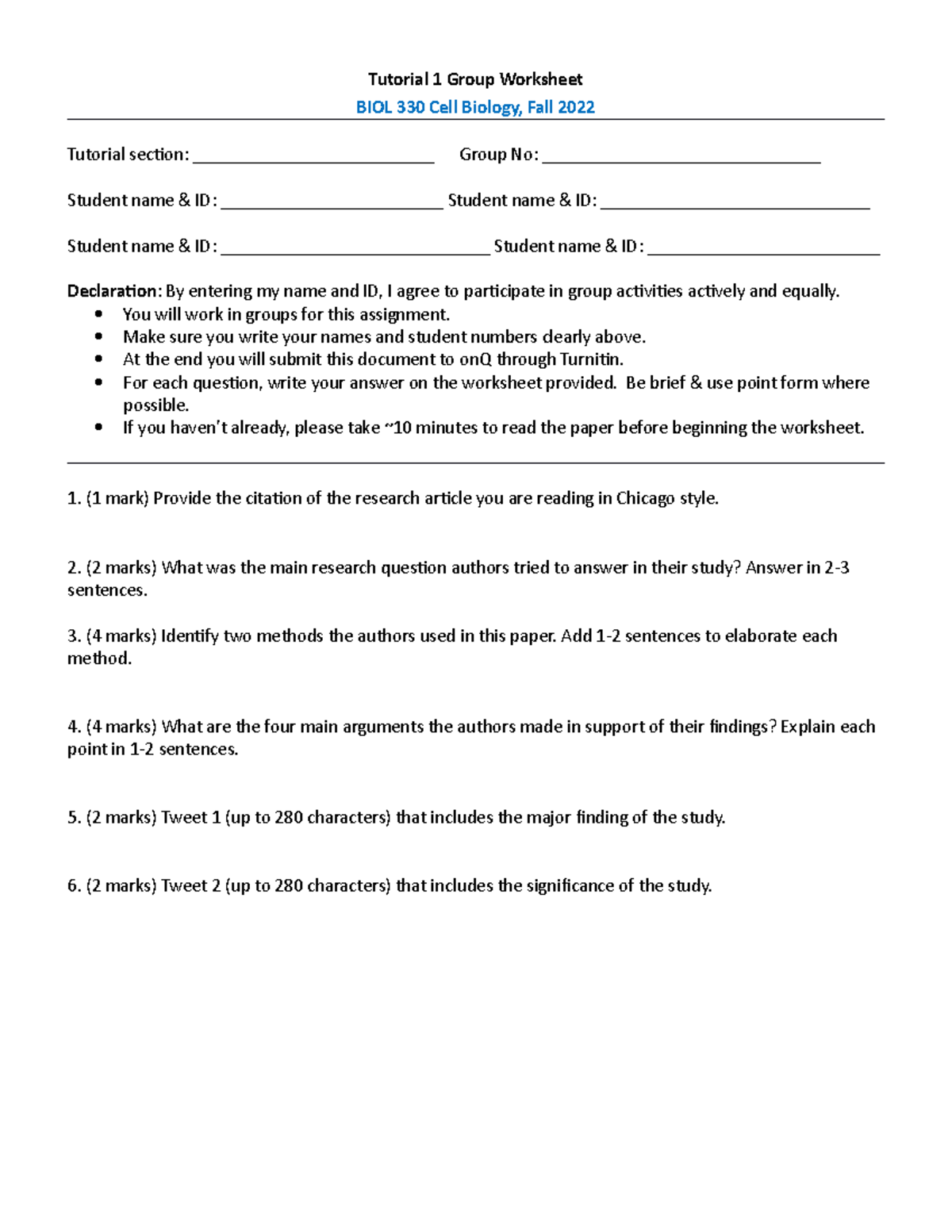 BIOL330 F22 Tutorial 1 Worksheet - Tutorial 1 Group Worksheet BIOL 330 ...