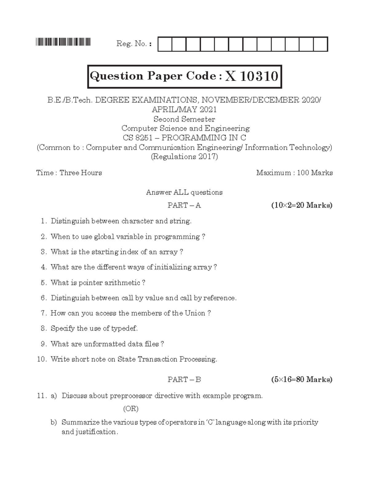 lesson plan for programming in c - X10310 Reg. No. : Question Paper ...