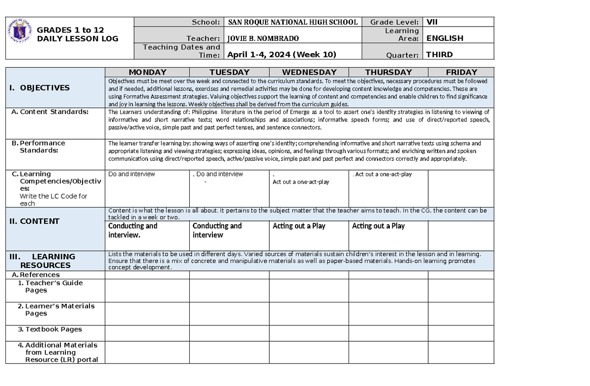 DLL 3rd Qrtr Week 10 - DLL - GRADES 1 to 12 DAILY LESSON LOG School ...
