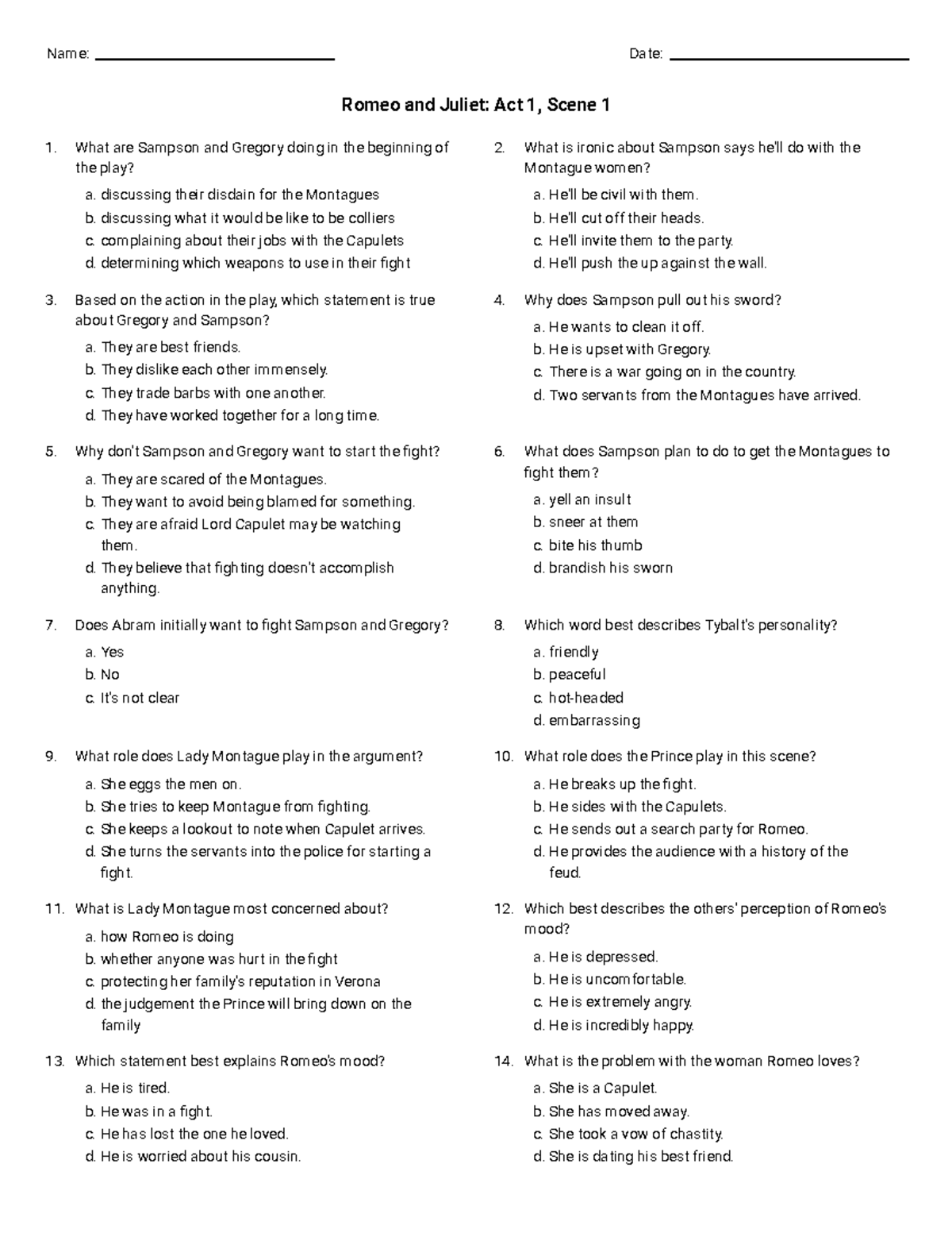 Romeo and Juliet Act 1, Scene 1 (Grade 9) - Free Printable Tests and ...