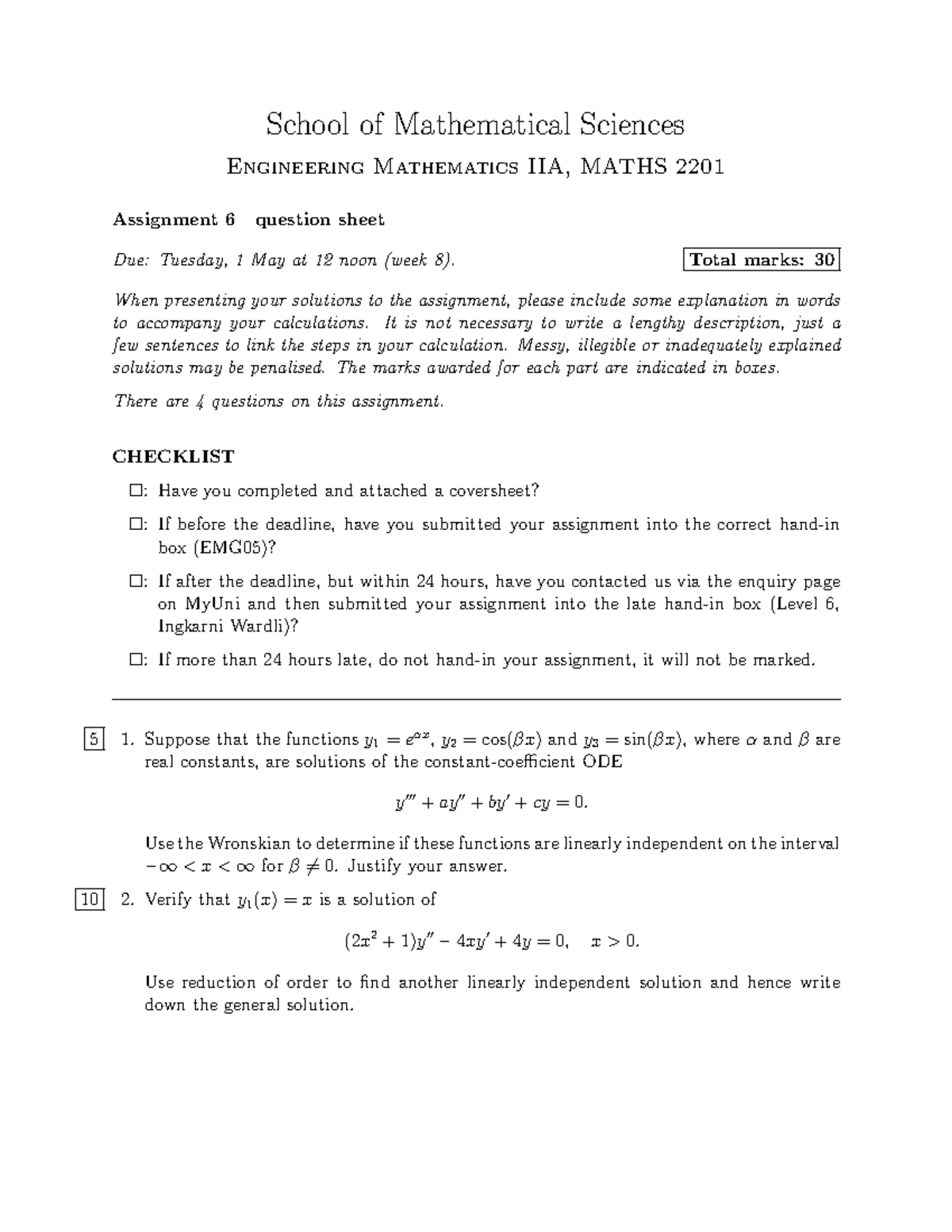 Assign 06 - School of Mathematical Sciences Engineering Mathematics IIA ...