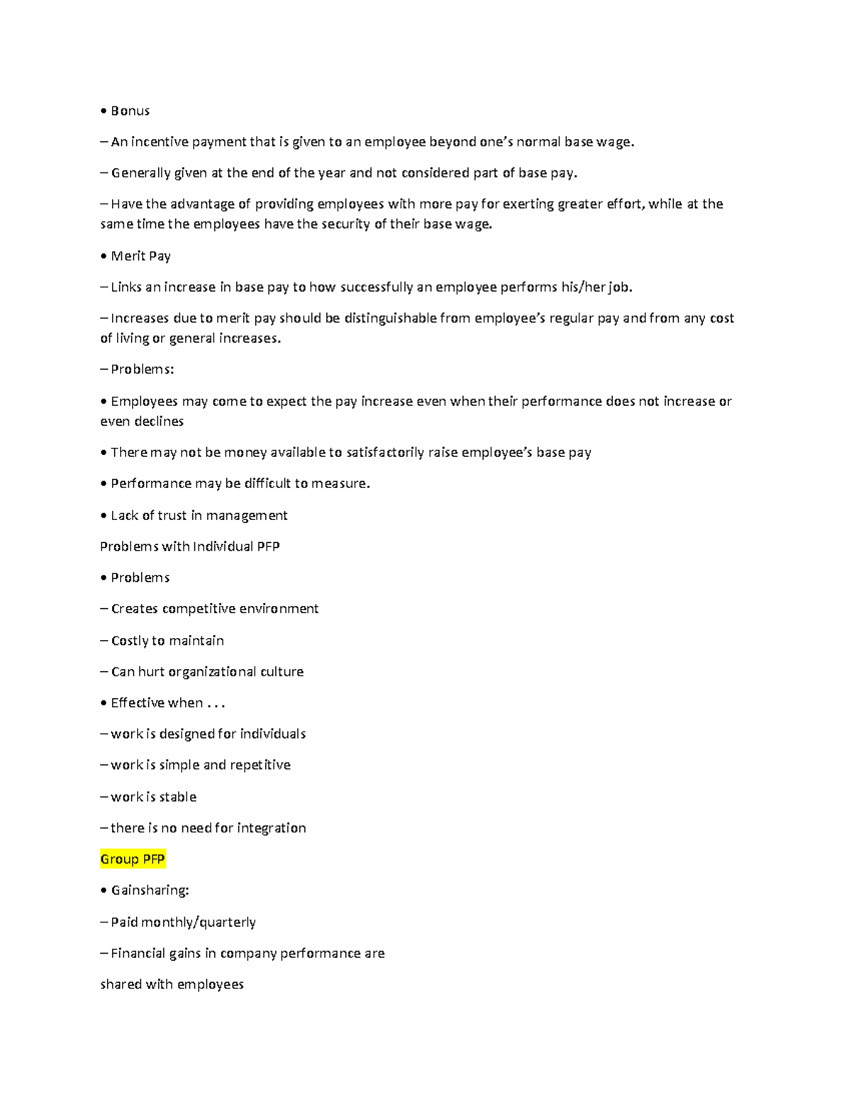 Chapter 10 MGMT 331 PFP and Group PFP - Bonus An incentive payment that ...