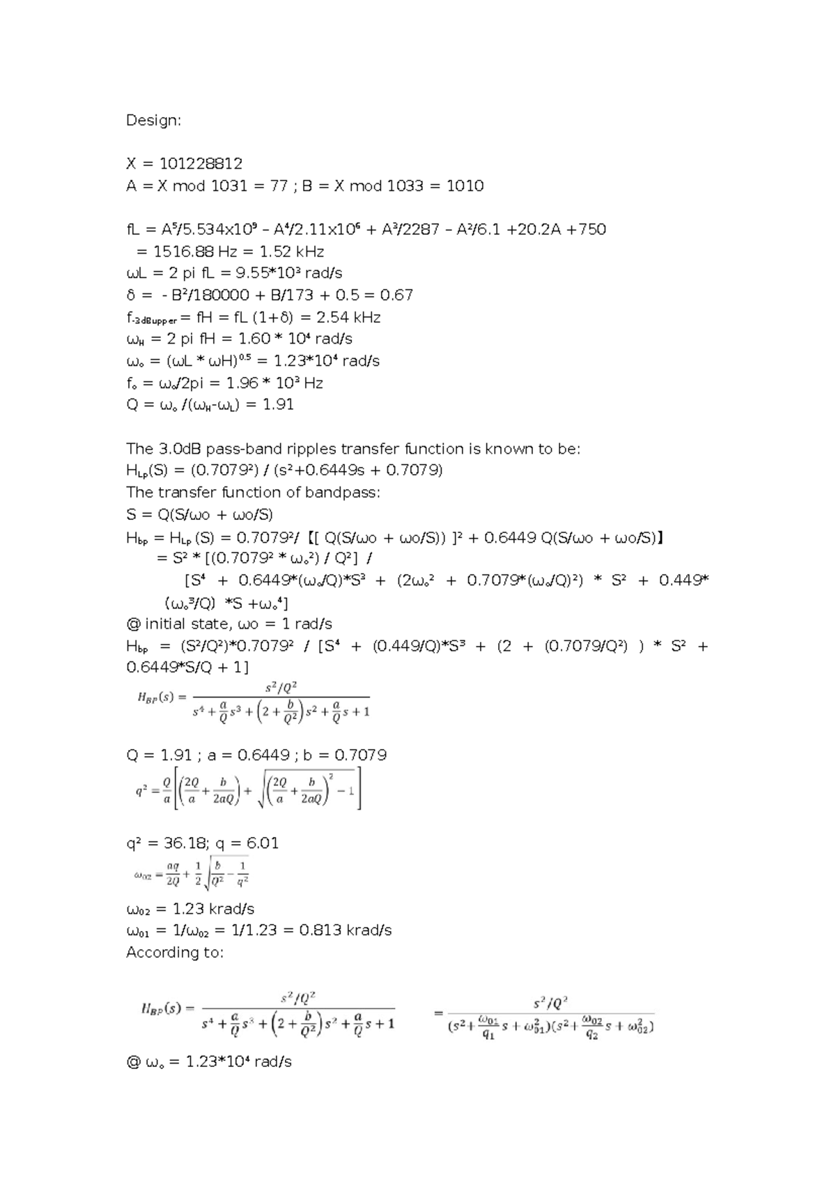 3509 lab4 PRE-LAB calculation - Design: X = 101228812 A = X mod 1031 ...