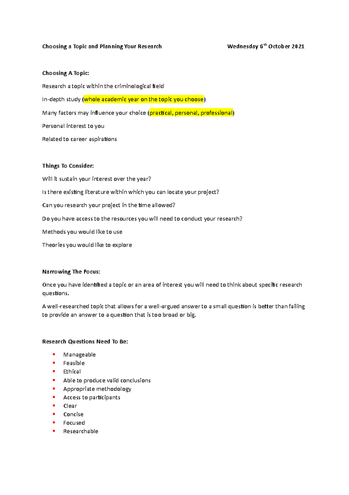 Lecture 1 - Choosing A Topic - Choosing a Topic and Planning Your ...