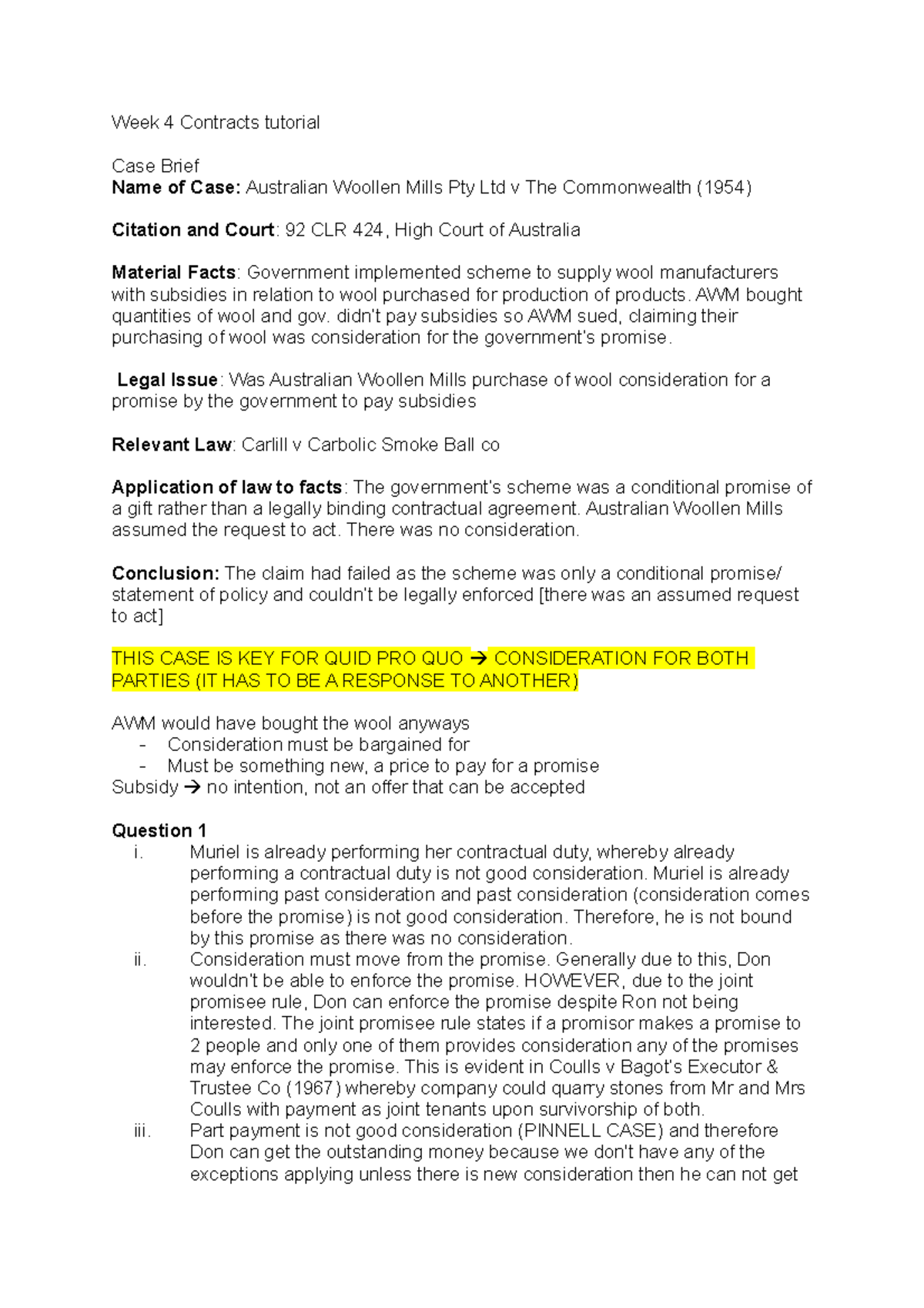 Week 4 Contracts tutorial - Week 4 Contracts tutorial Case Brief Name of Case: Australian ...