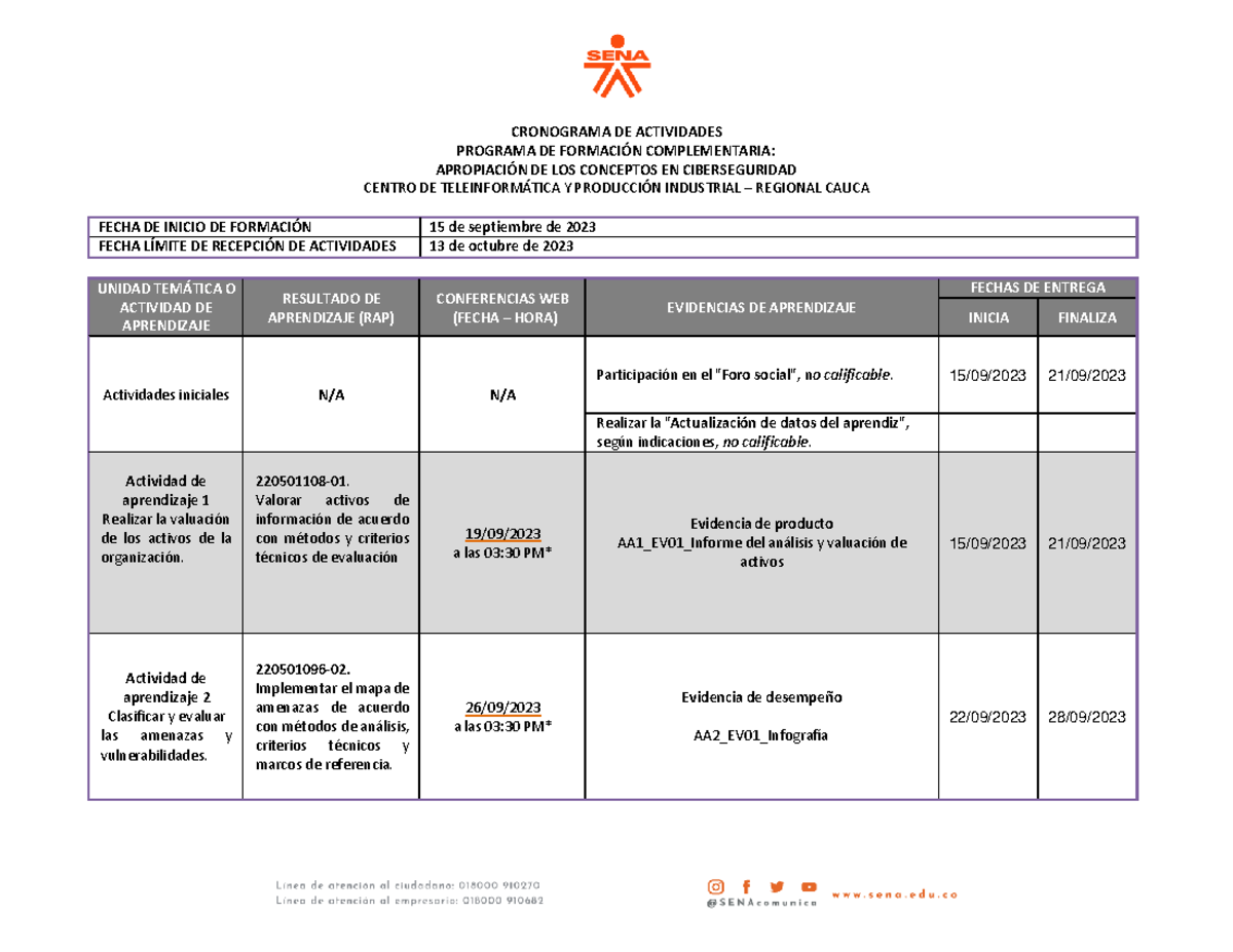 Cronograma 81650795 a81c746 - CRONOGRAMA DE ACTIVIDADES PROGRAMA DE FORMACI”N COMPLEMENTARIA ...