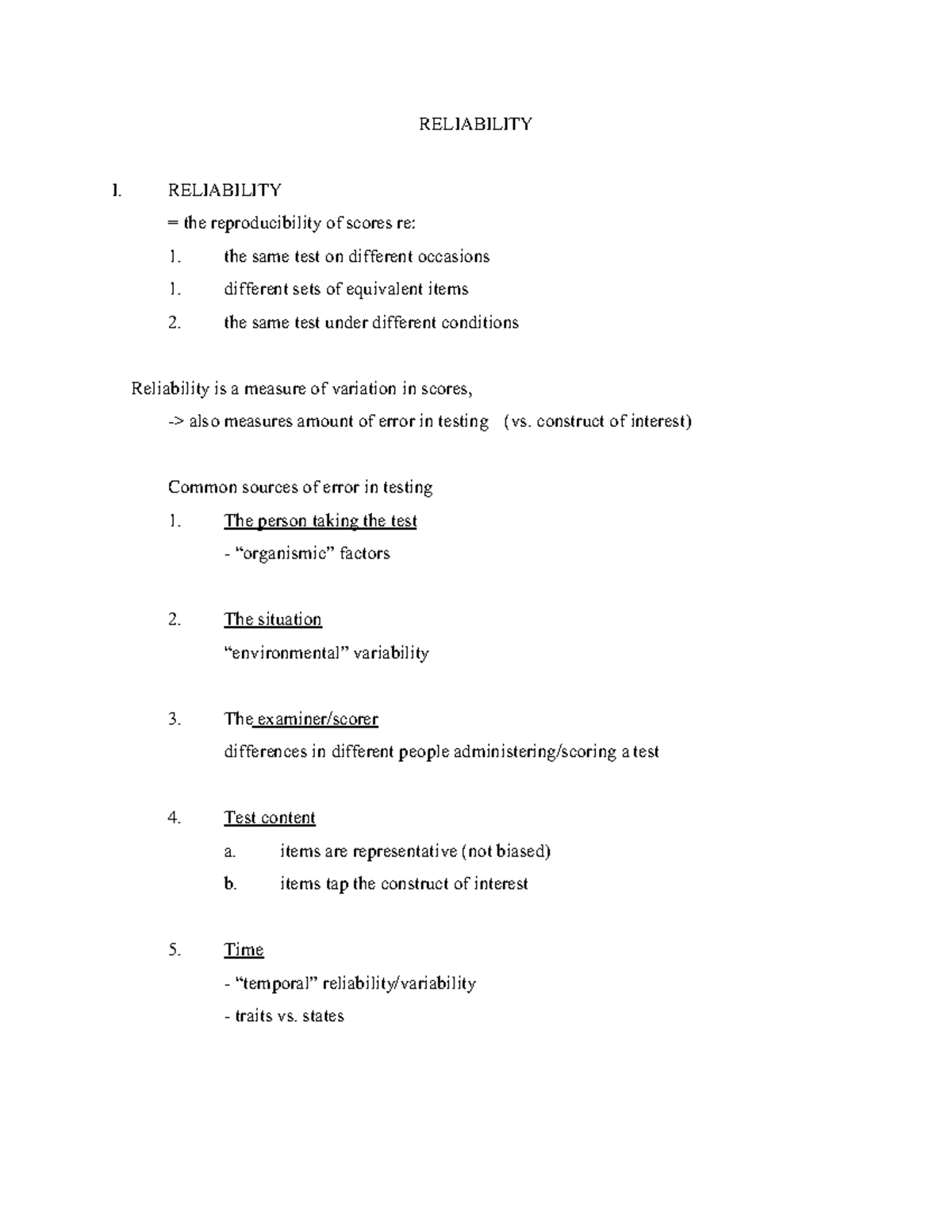 Reliability-Outline:Study Guide - RELIABILITY I. RELIABILITY = the ...