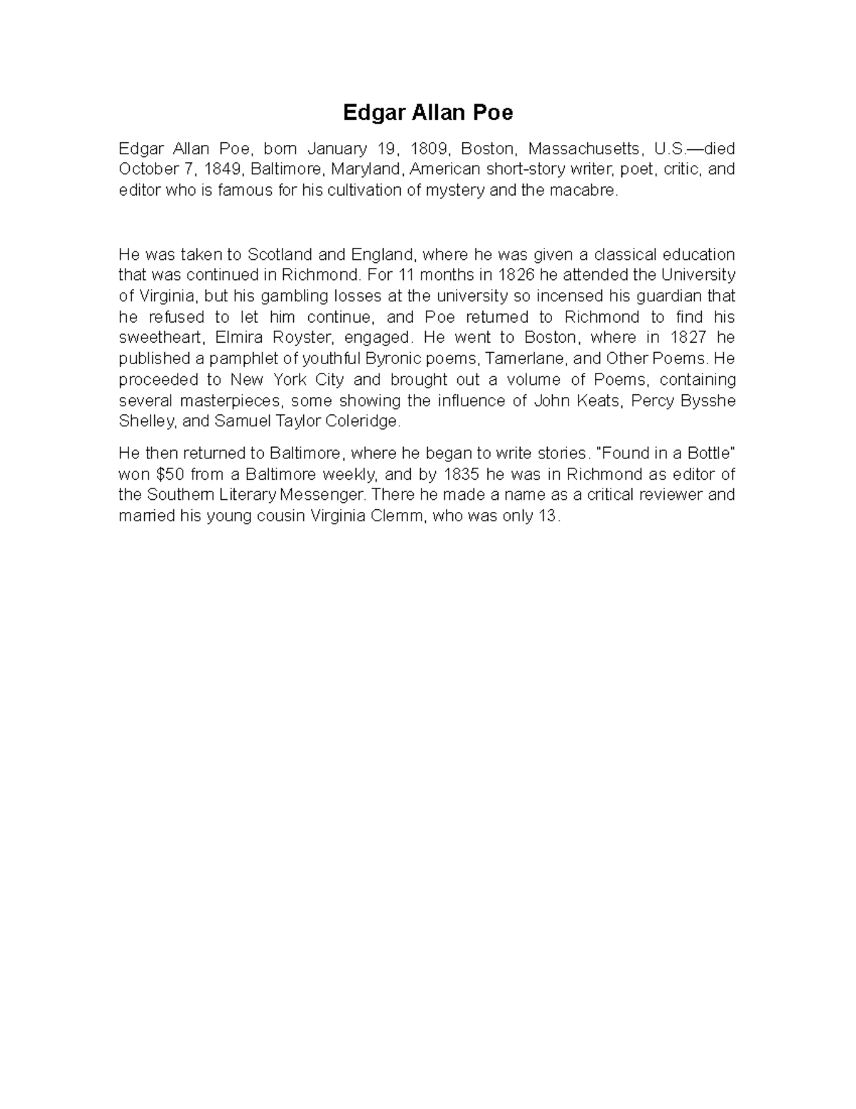 Edgar Allan Poe - Reading check - Edgar Allan Poe Edgar Allan Poe, born ...